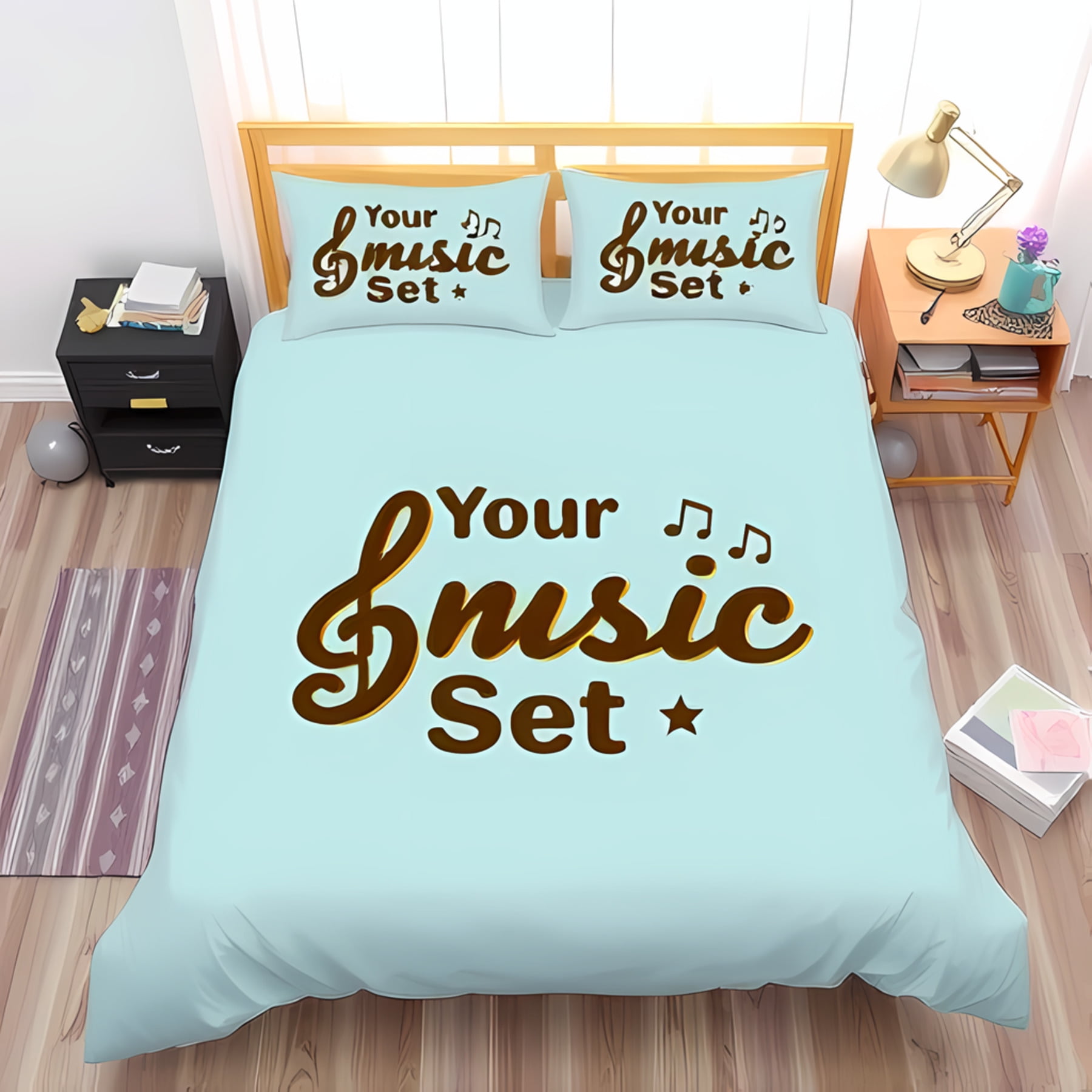 3-Piece Duvet Cover Set - Light Blue with " Your Music Set " Phrase ...
