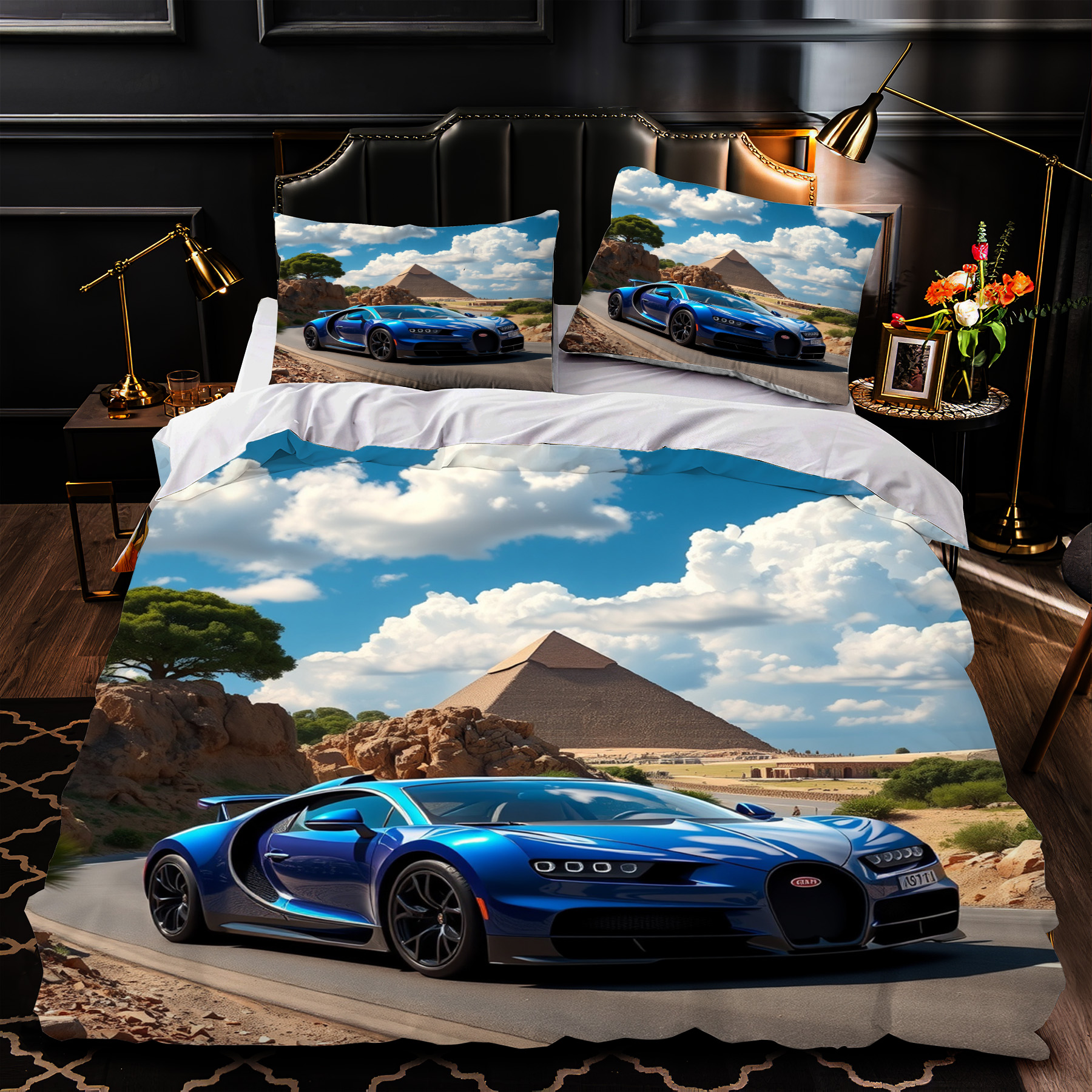 3-Piece Duvet Cover Set - Luxurious Blue Sports Car Design with ...