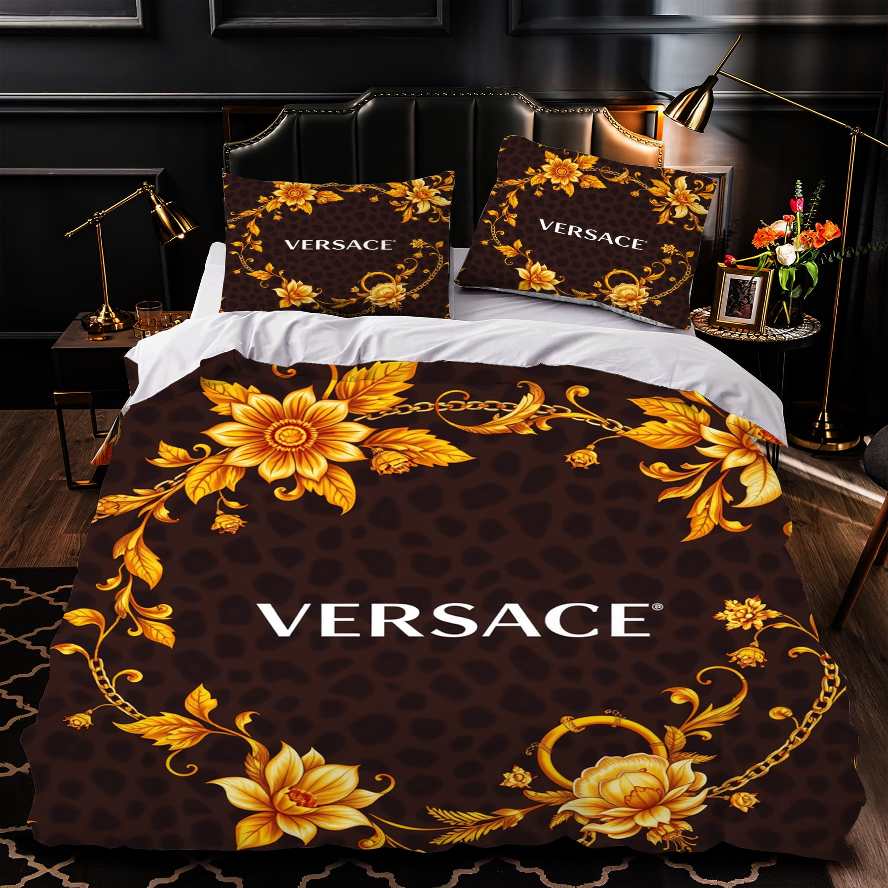 3-Piece Duvet Cover Set - Luxurious Dark Brown with Golden Floral ...