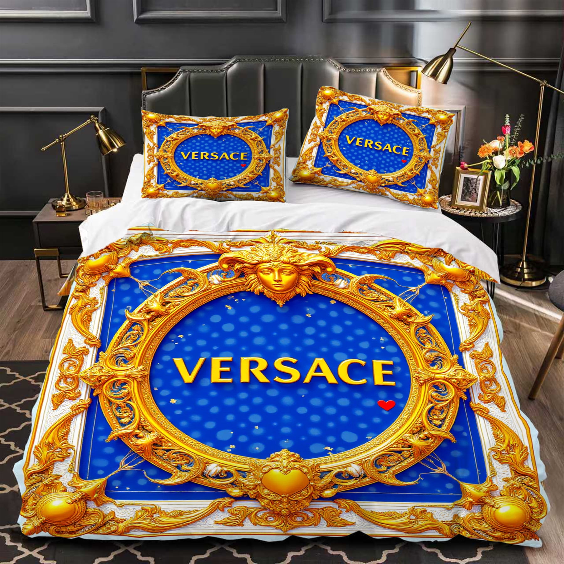 3-Piece Duvet Cover Set - Luxurious Gold Face & Ornate Pattern Design ...