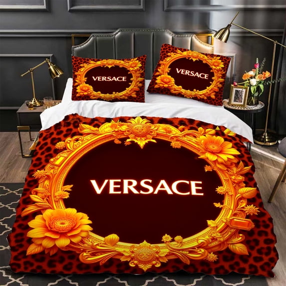 3-Piece Duvet Cover Set - Luxurious Golden Floral & Ornate Frame Design ...