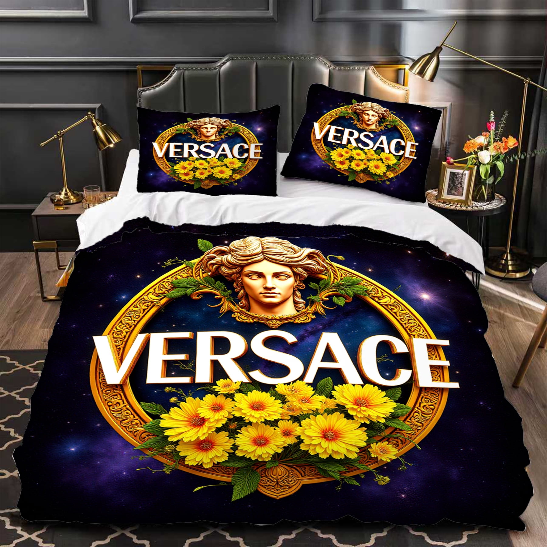 3-Piece Duvet Cover Set - Luxurious Golden Frame Design with Classical ...