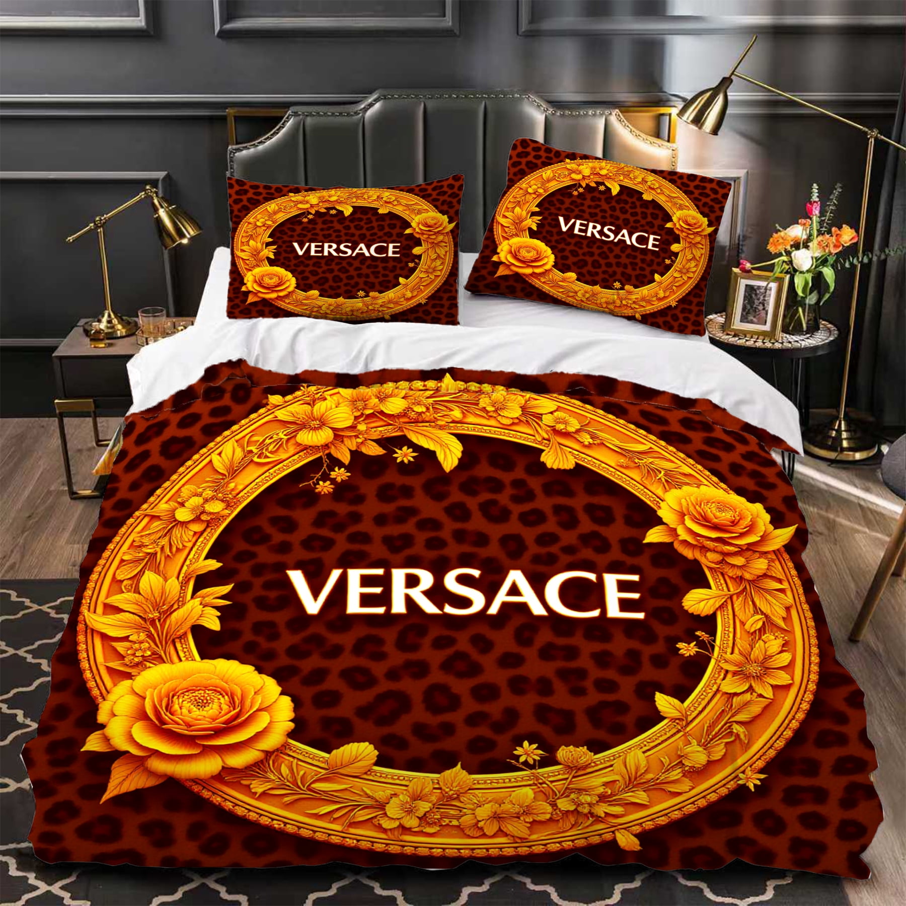 3-Piece Duvet Cover Set - Luxurious Print with Golden Floral Designs ...