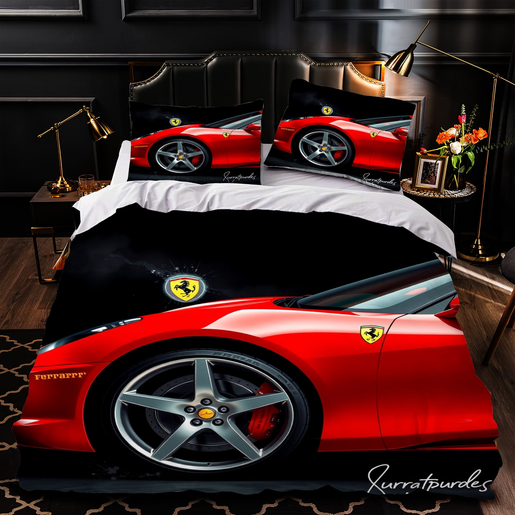 3-Piece Duvet Cover Set - Luxurious Red Sports Car Design with Modern ...