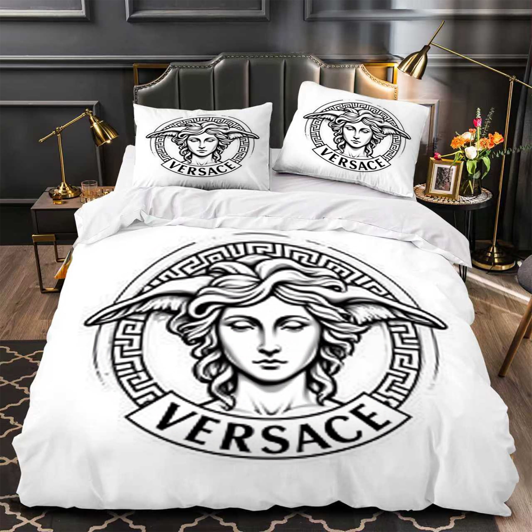 3-Piece Duvet Cover Set - Luxurious White with Iconic Circular Design Elegant Modern Bedroom ...