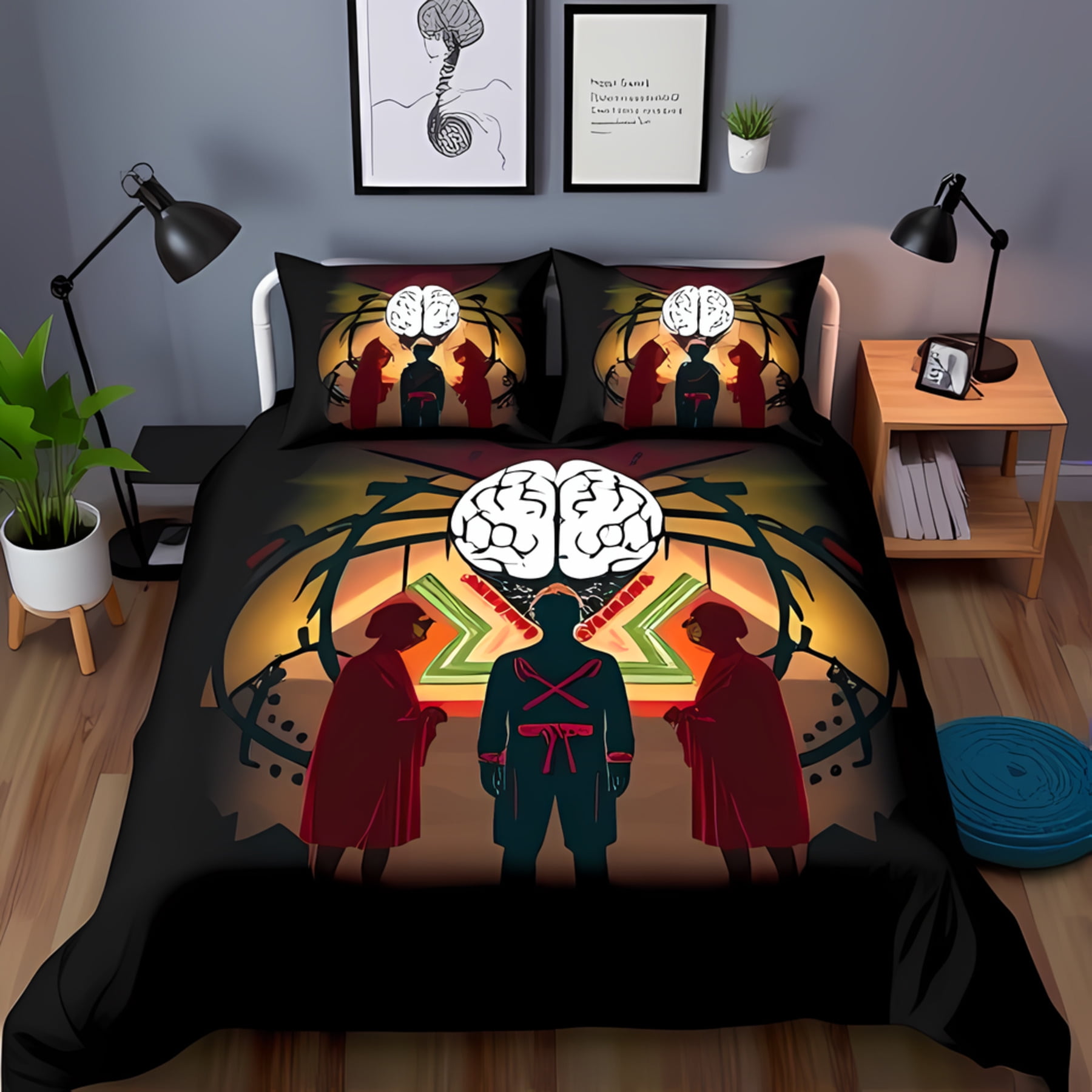 3-Piece Duvet Cover Set - Meditative Brain Design with Cloaked Figures ...