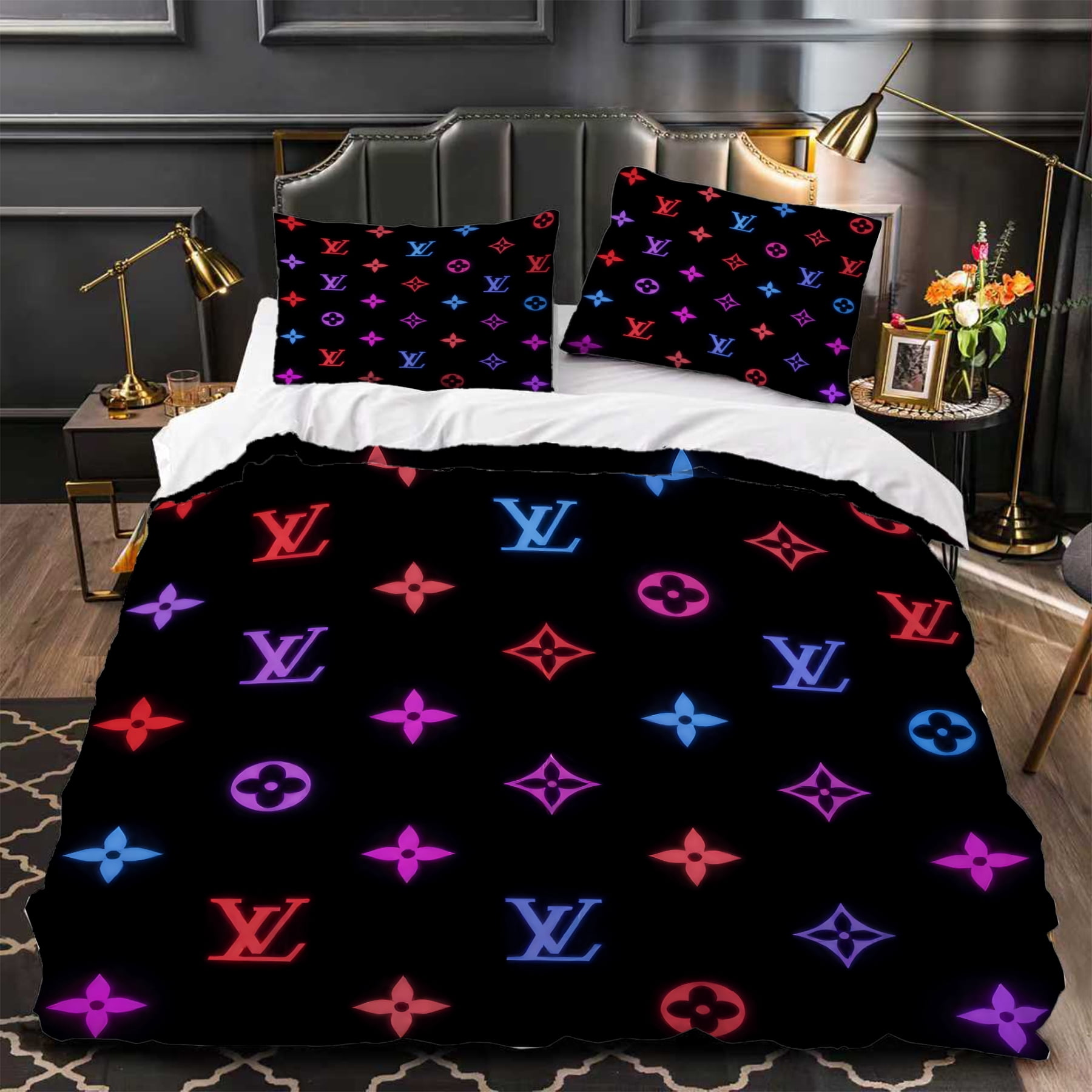 3-Piece Duvet Cover Set Modern Black Bedspread with Pattern in Red Blue ...