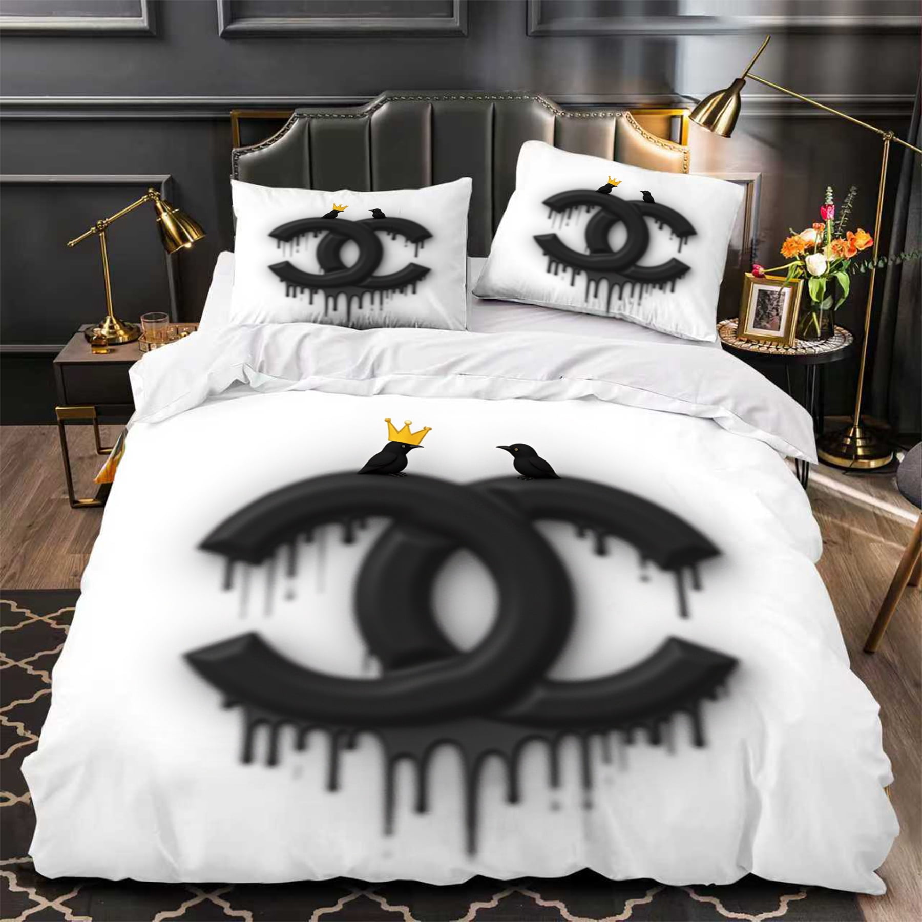 3-Piece Duvet Cover Set - Modern White with Black & White Dripping ...