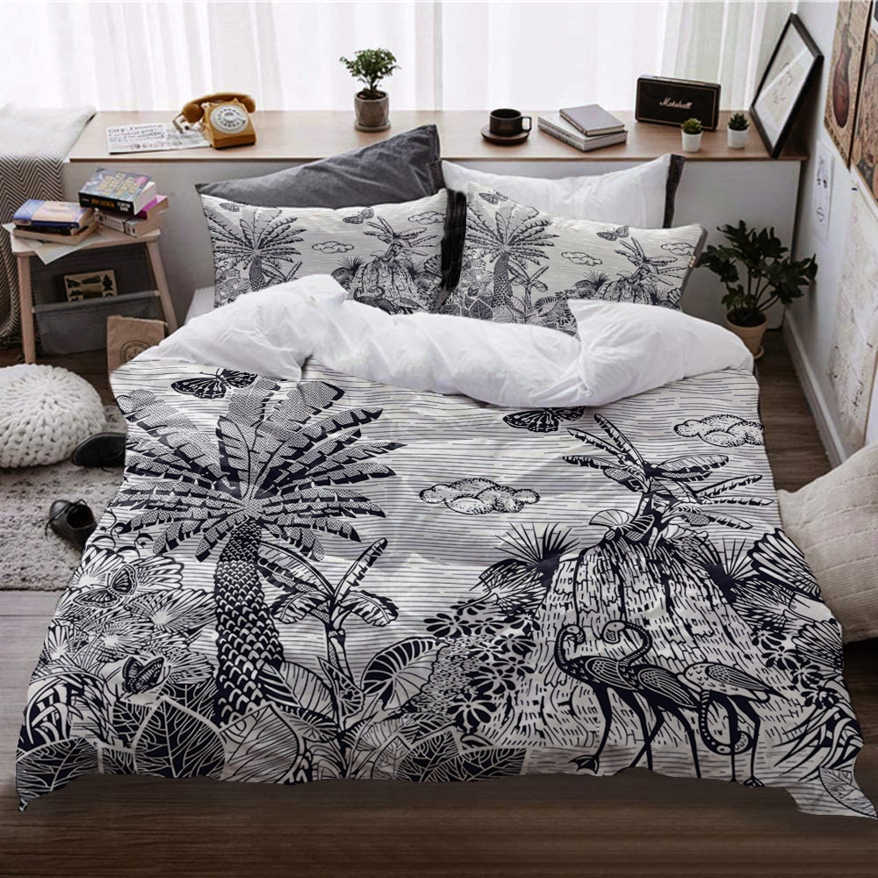 3-Piece Duvet Cover Set - Monochromatic Tropical Paradise Design with ...
