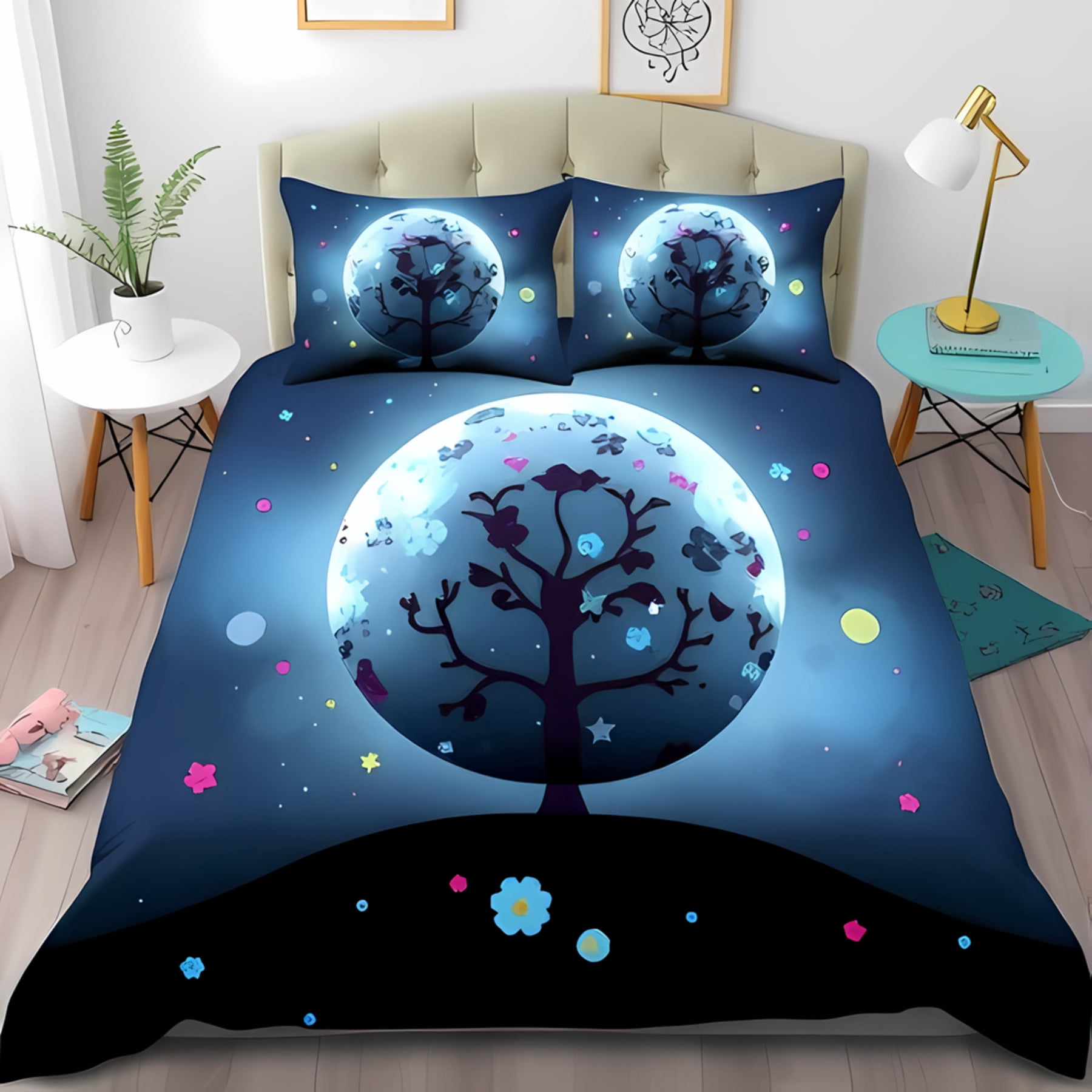 3-Piece Duvet Cover Set - Moon & Tree Design with Colorful Flowers ...