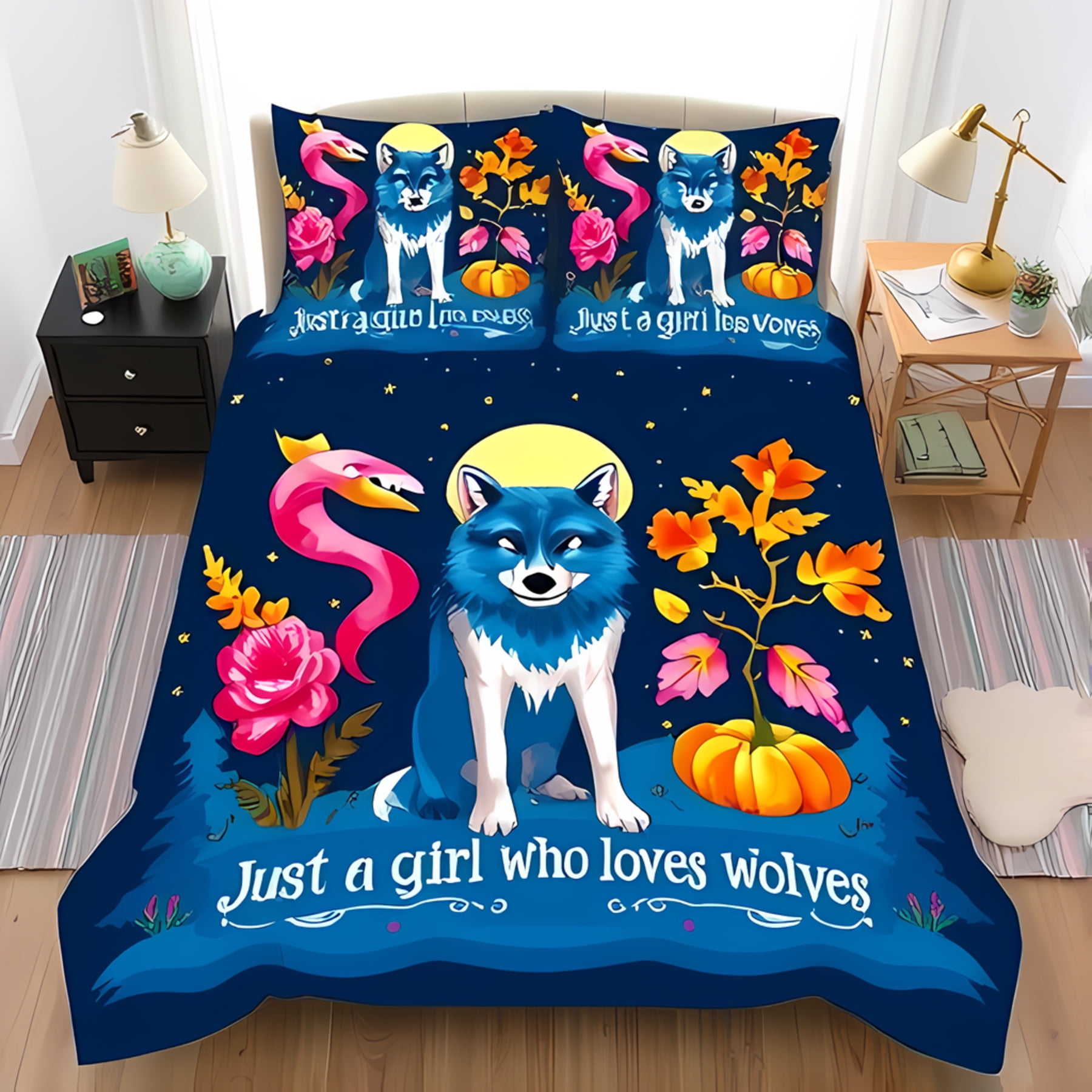 3-Piece Duvet Cover Set - Nature & Wildlife Design with Wolves & Floral ...