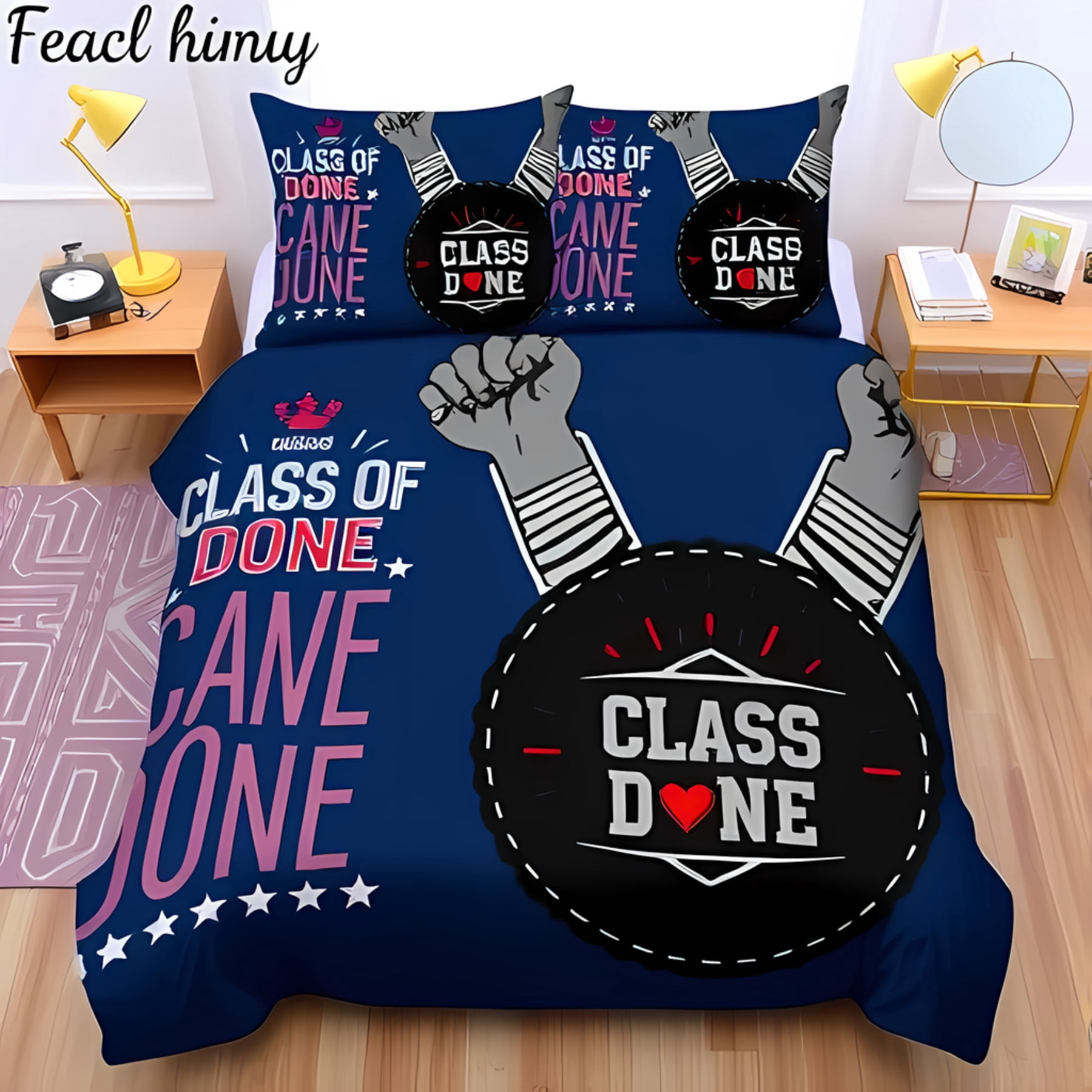 3-Piece Duvet Cover Set - Navy Blue Bedding with 'CLASS OF DOONE ...