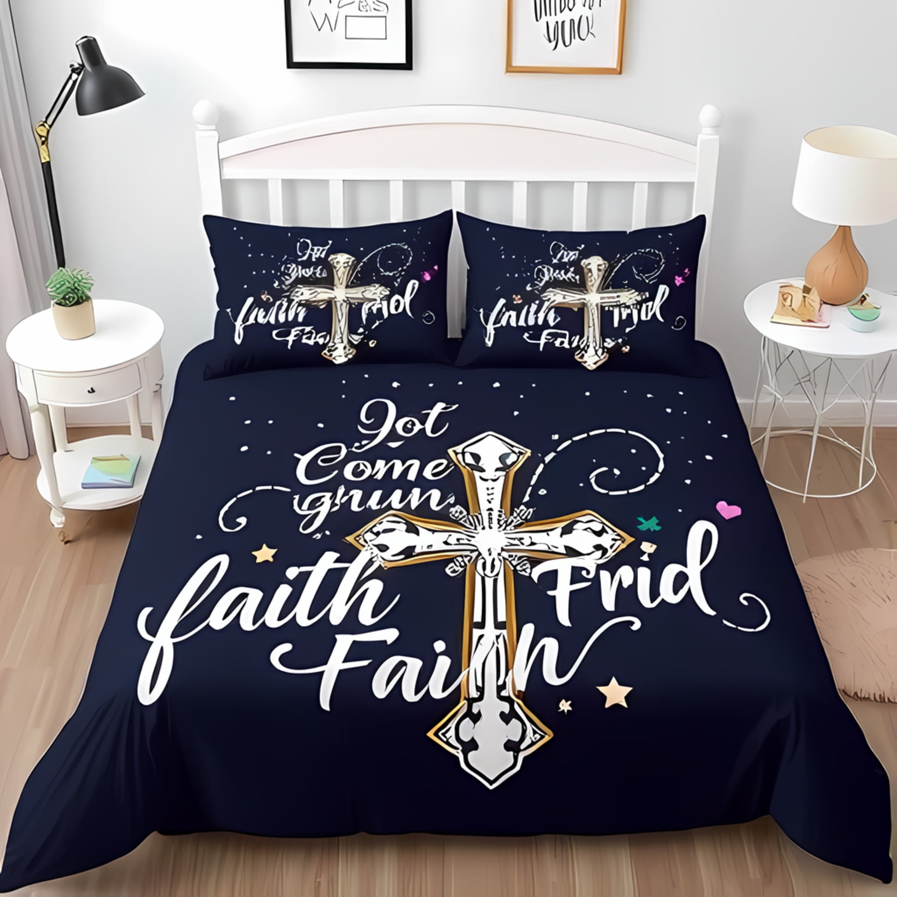 3-Piece Duvet Cover Set - Navy Blue with Golden Cross & Whimsical Faith ...