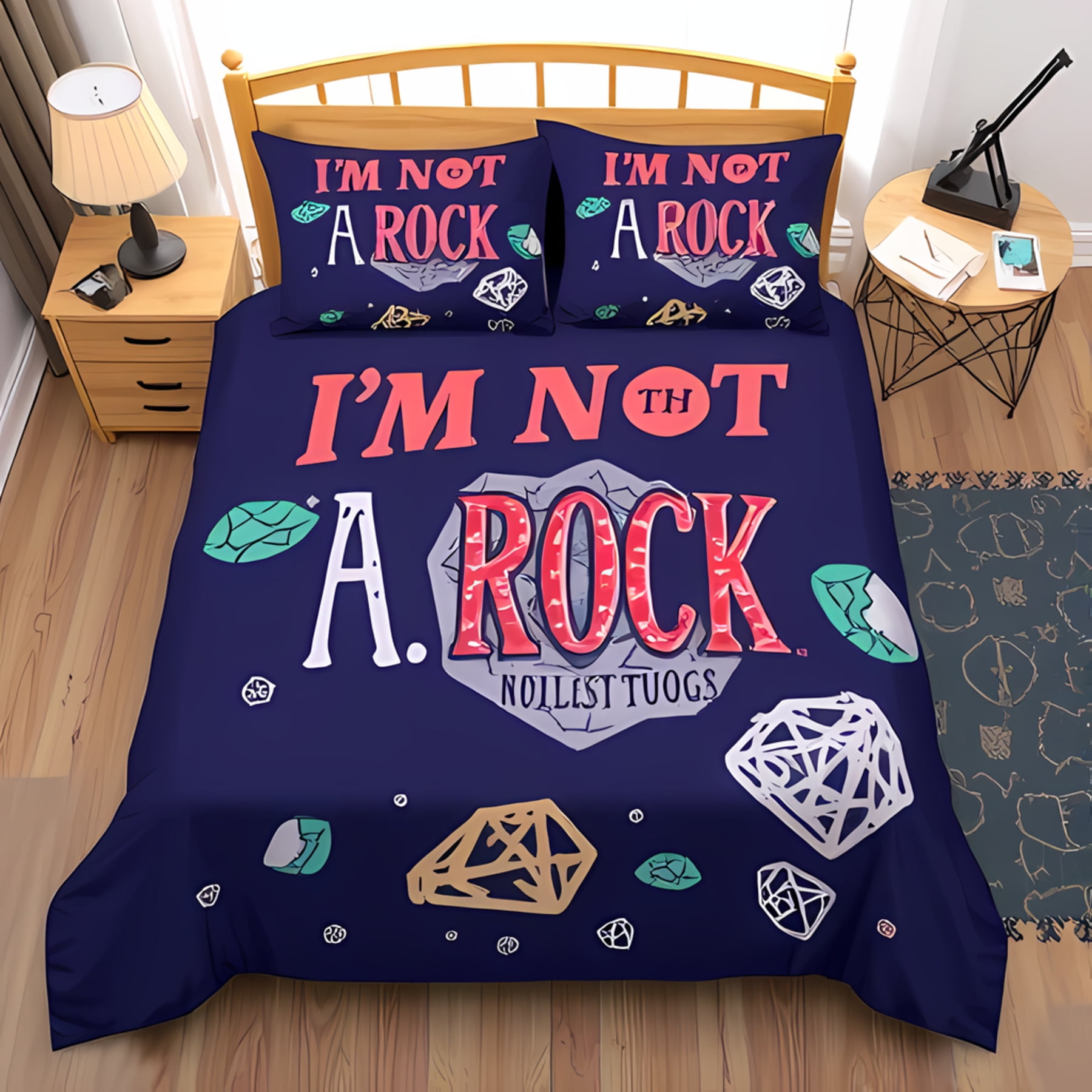 3-Piece Duvet Cover Set - Navy Blue with " I'M NOT A ROCK " Text ...