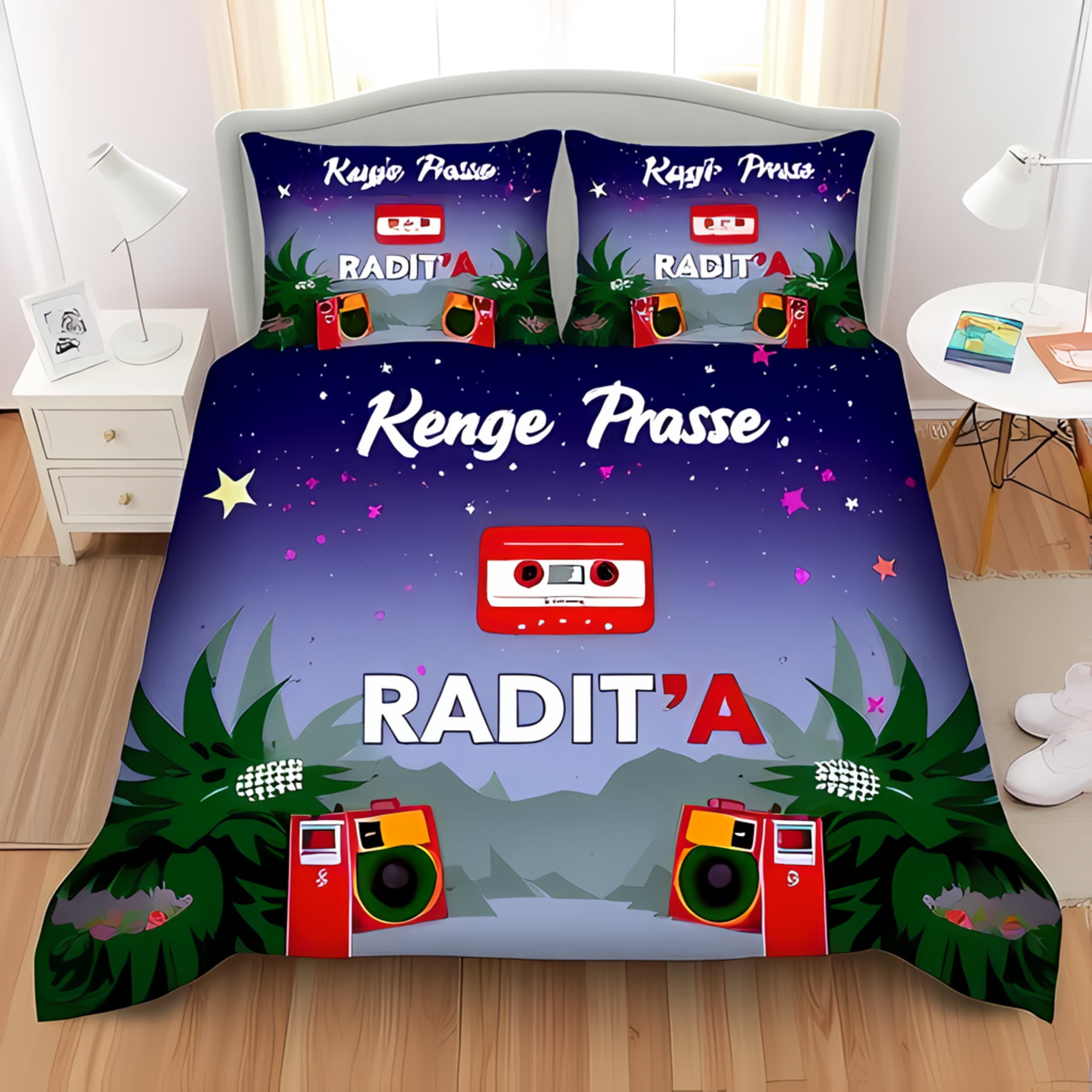 3-Piece Duvet Cover Set - Night Sky Stars & Retro Red Cassette Tape ...