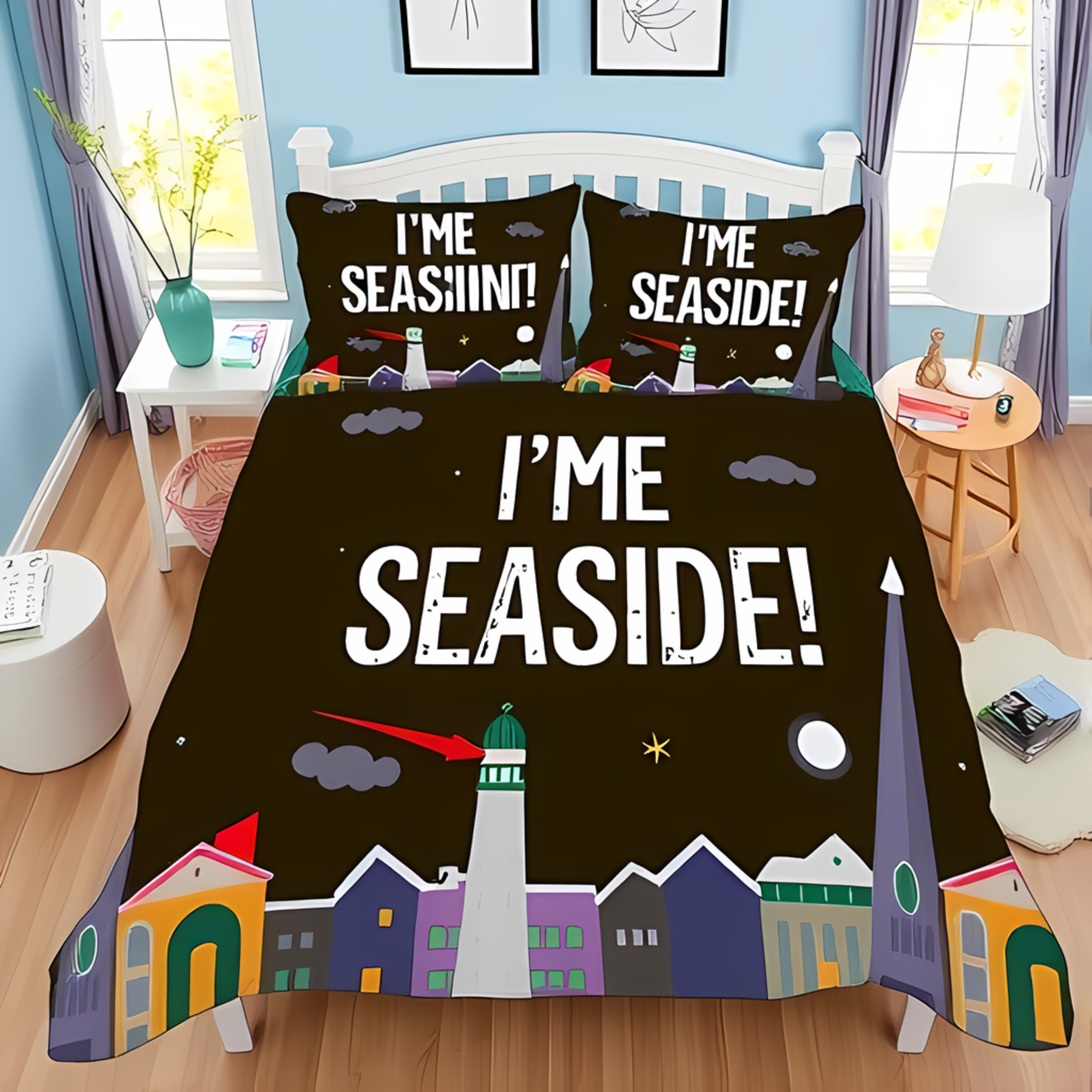 3-Piece Duvet Cover Set - Night Sky with Stars & Lighthouse Design ...