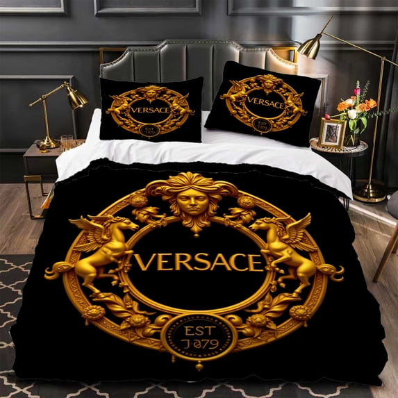 3-Piece Duvet Cover Set - Ornate Golden Frame with Winged Horse Emblem ...