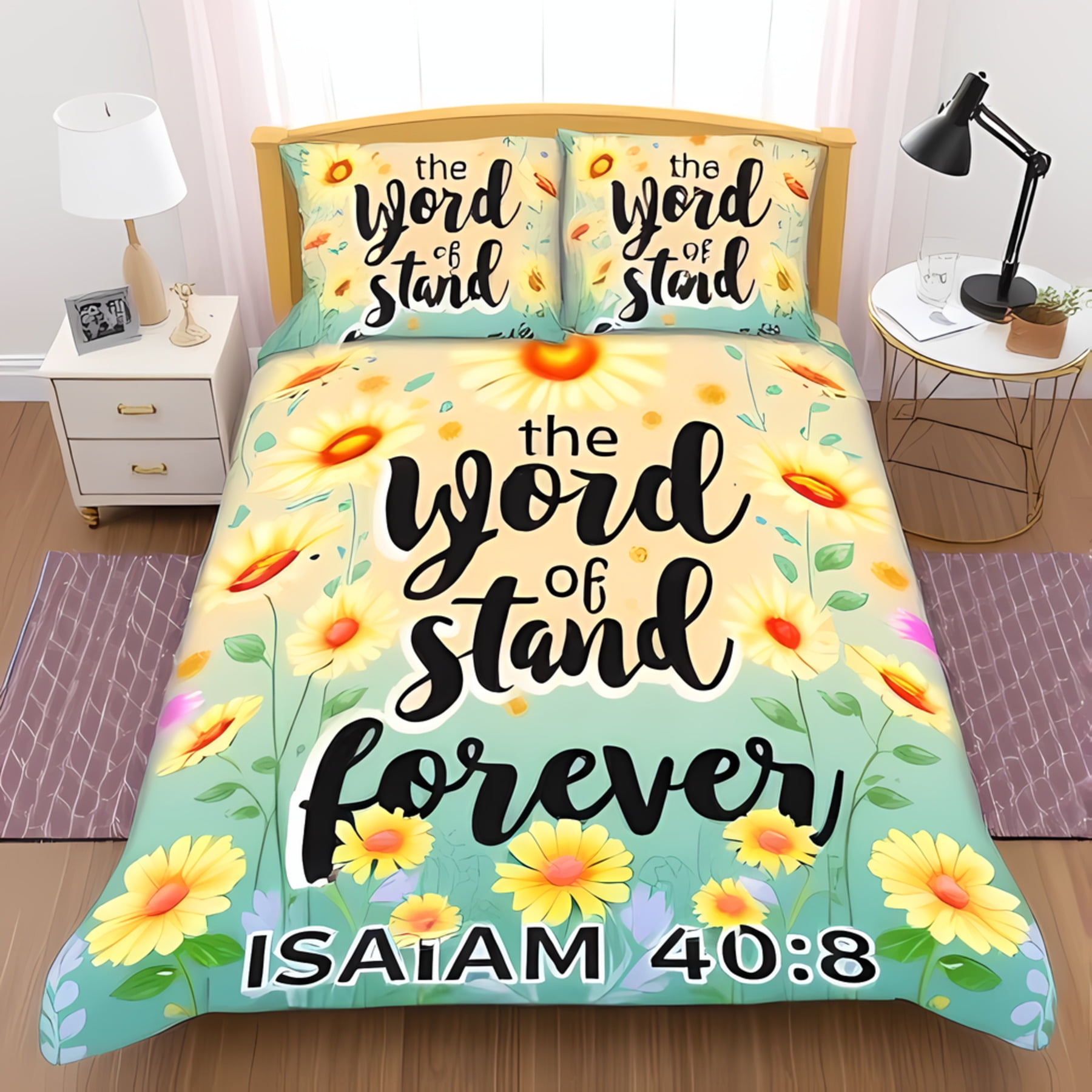 3-Piece Duvet Cover Set with Pastel Green and Beige Floral Pattern ...