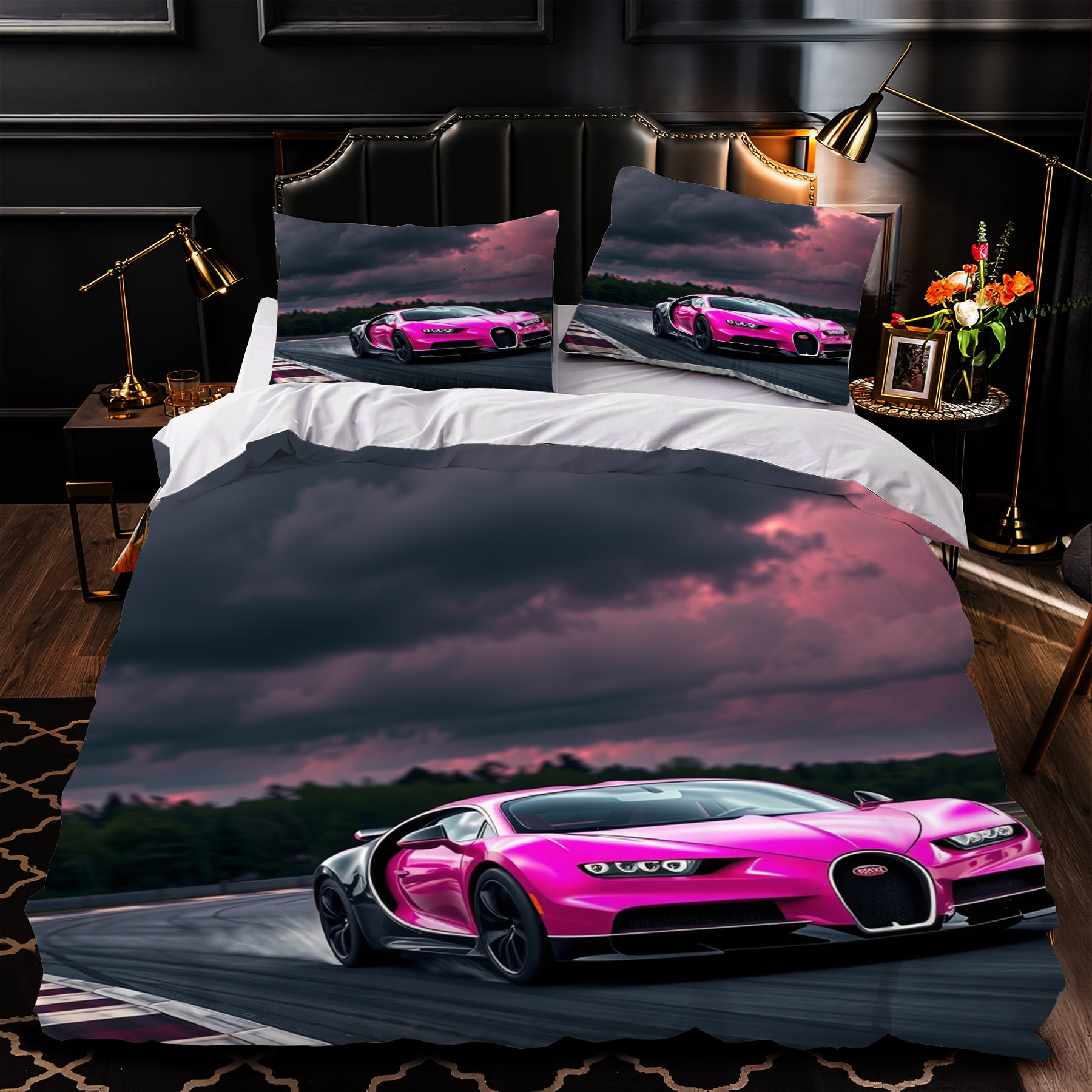 3-Piece Duvet Cover Set - Pink Sports Car Racing Design on Track with ...
