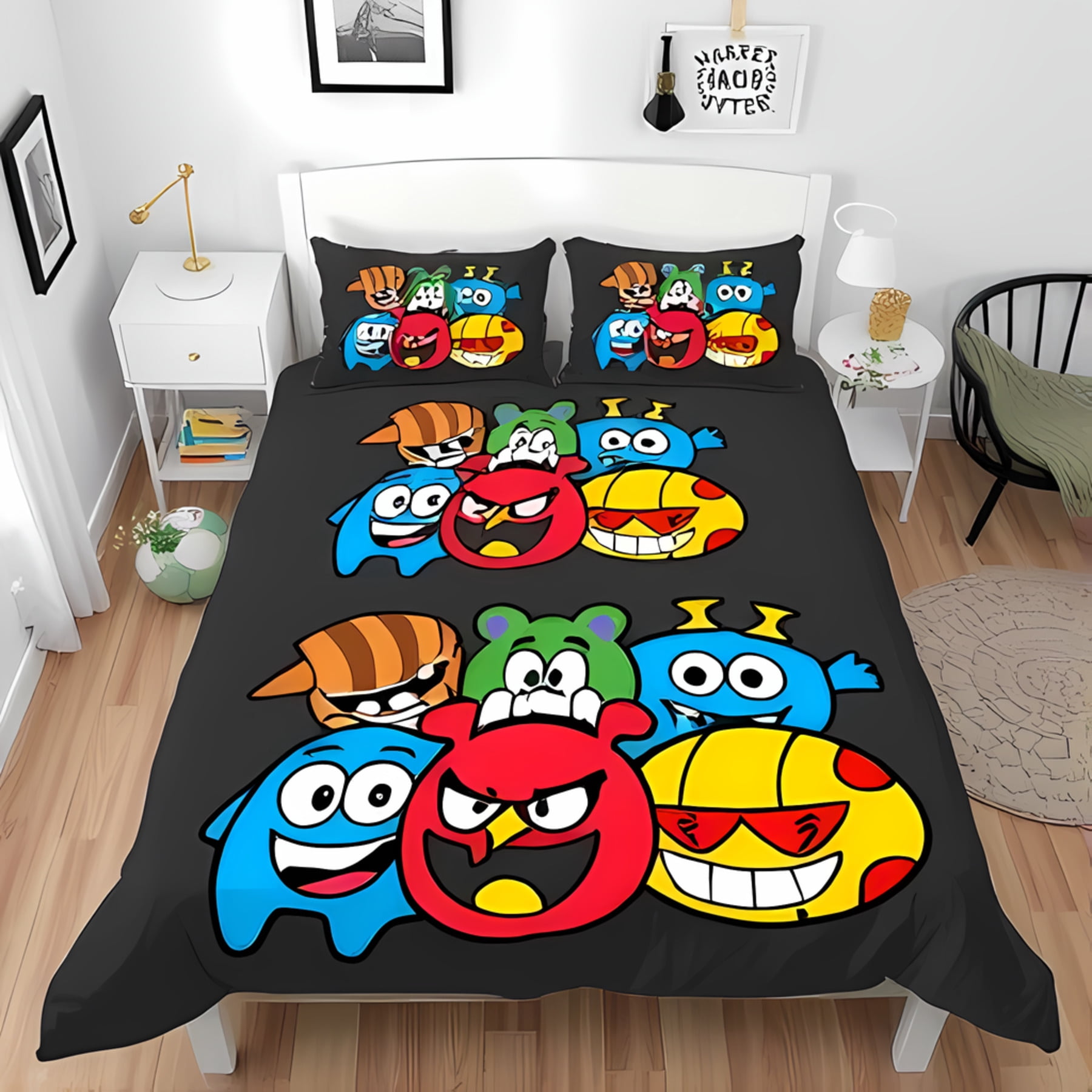 3-Piece Duvet Cover Set with Playful Animated Characters on Black ...