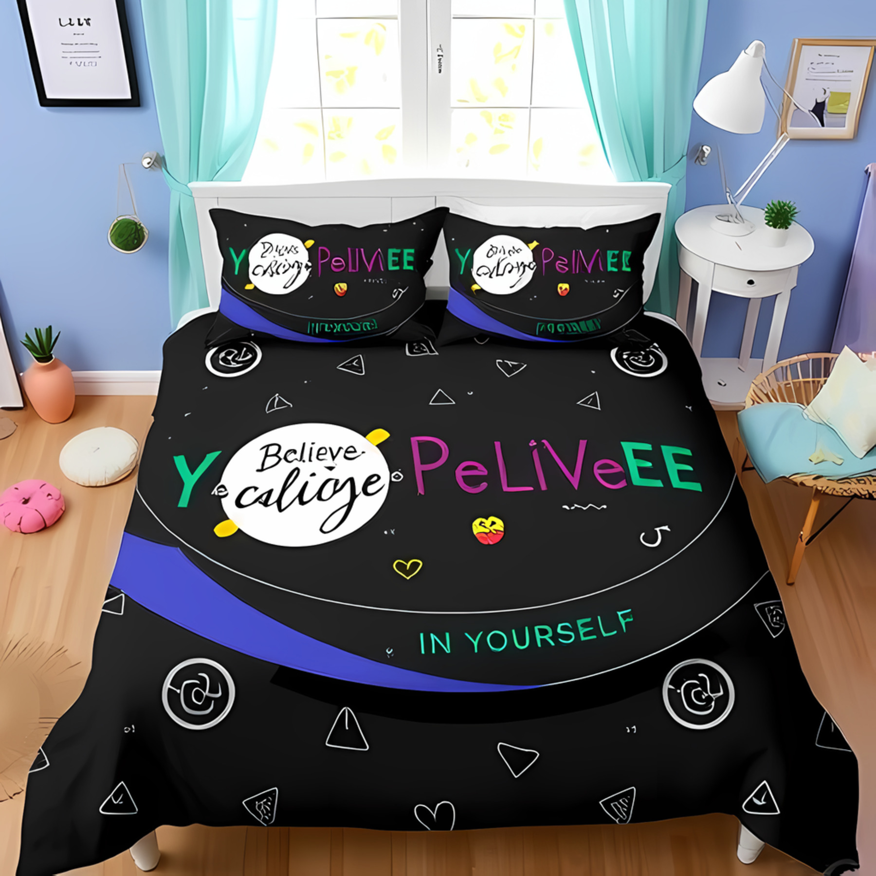 3-Piece Duvet Cover Set with Playful 'Believe PeliVee' & Inspirational ...