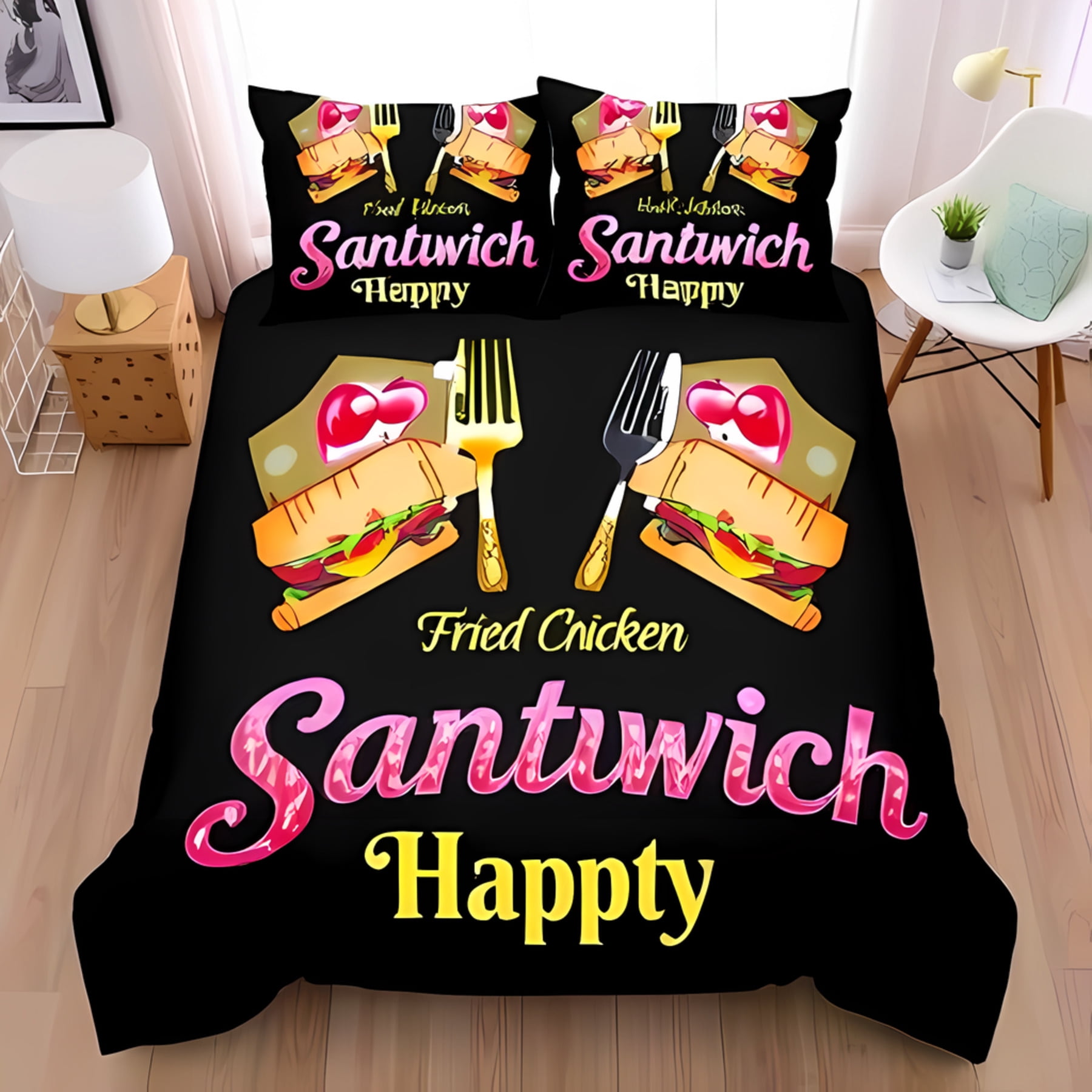 3-Piece Duvet Cover Set - Playful Black Bedspread with Smiling Fried ...