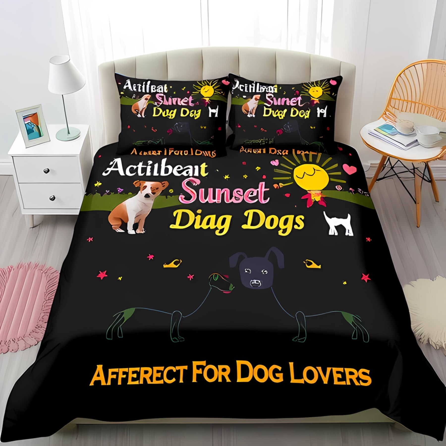 3-Piece Duvet Cover Set - Playful Black Design with Colorful Dogs Stars & Sun - Perfect for Dog ...
