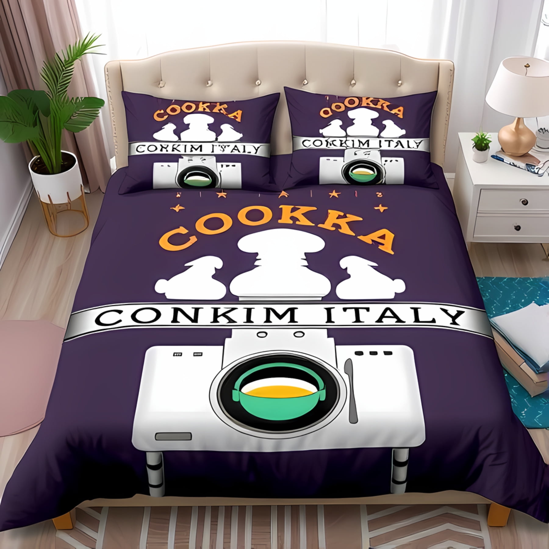3-Piece Duvet Cover Set with Playful Camera Graphic & Bold 'COOKKA ...