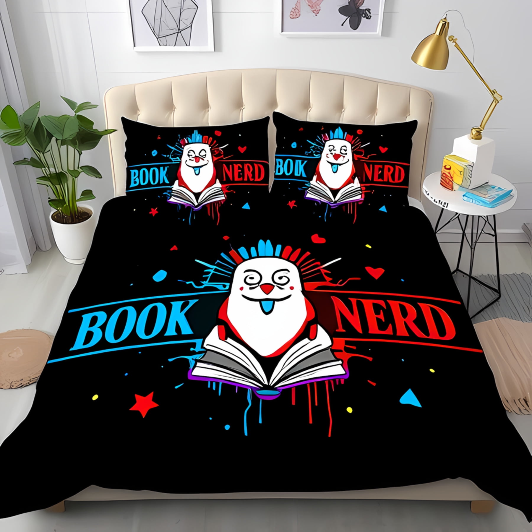 3-Piece Duvet Cover Set with Playful Cartoon Book Nerd Design Colorful ...