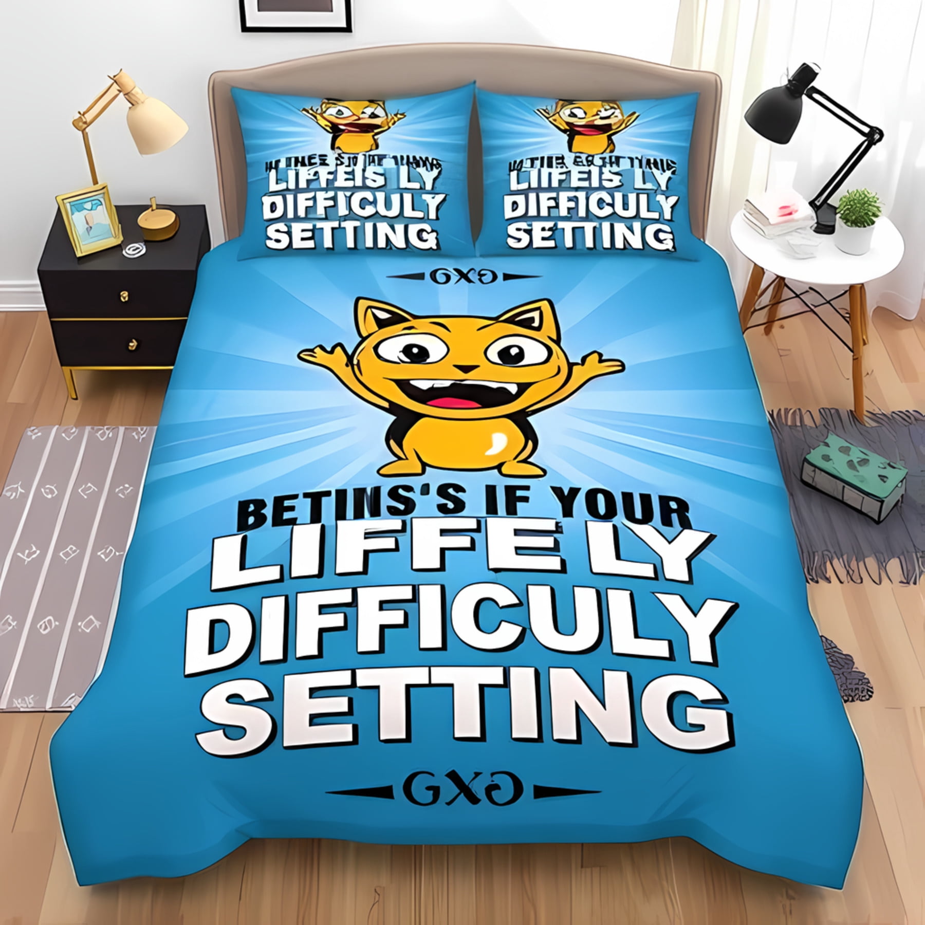 3-Piece Duvet Cover Set with Playful Cartoon Cat Design & Bold " Life ...