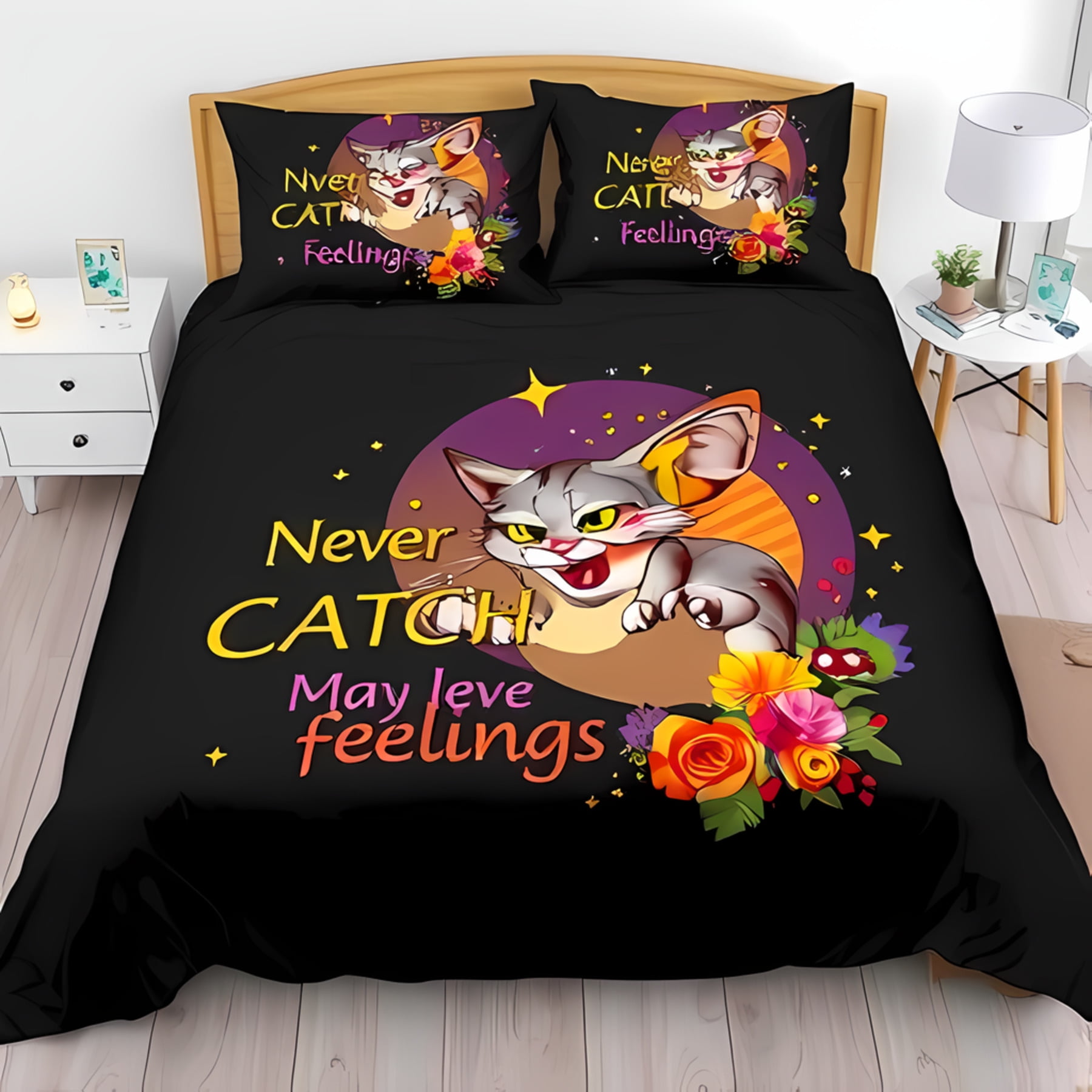 3-Piece Duvet Cover Set - Playful Cartoon Cat Design with Colorful ...