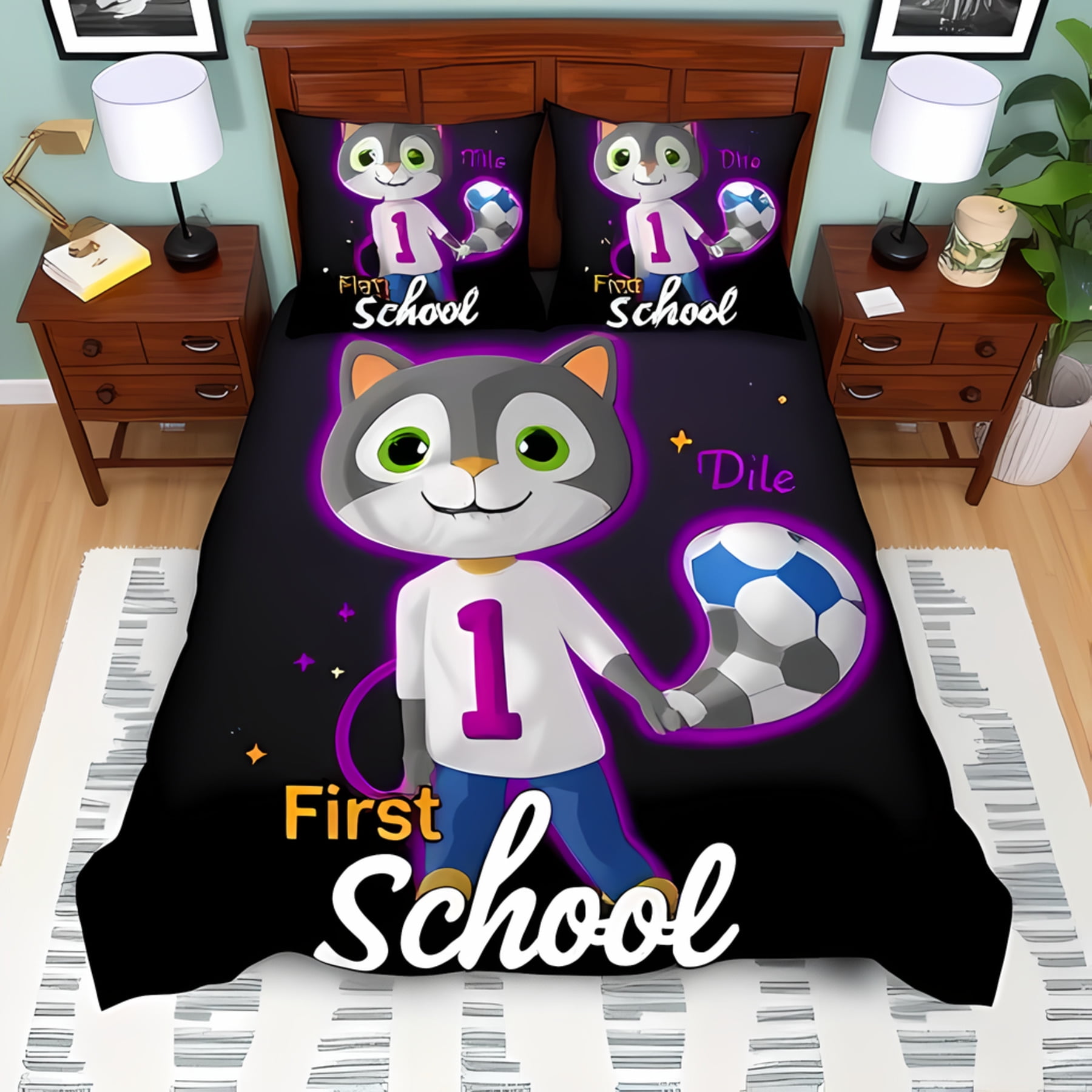 3-Piece Duvet Cover Set - Playful Cartoon Cat with Soccer Ball Colorful ...