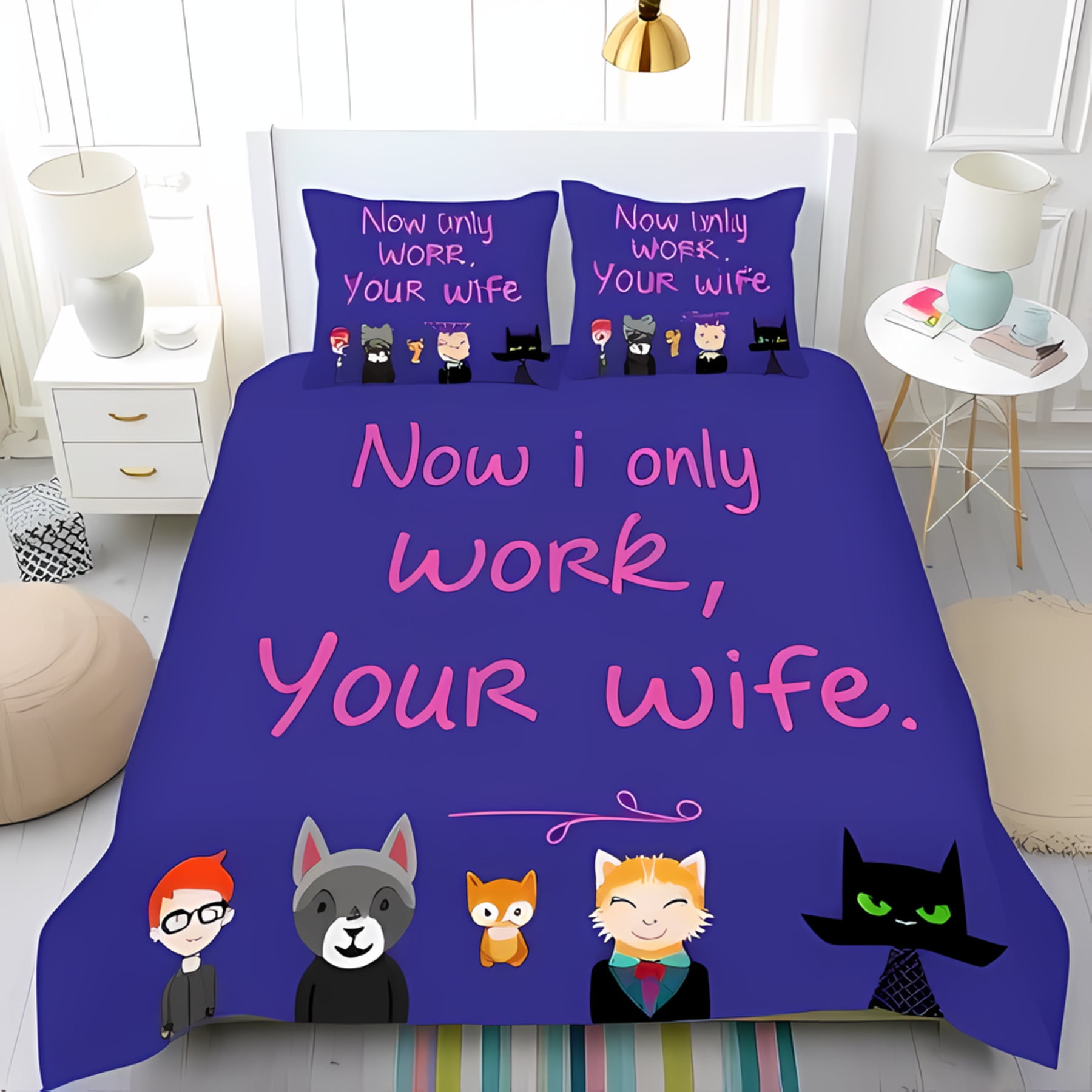 3-Piece Duvet Cover Set with Playful Cartoon Characters on Deep Purple ...