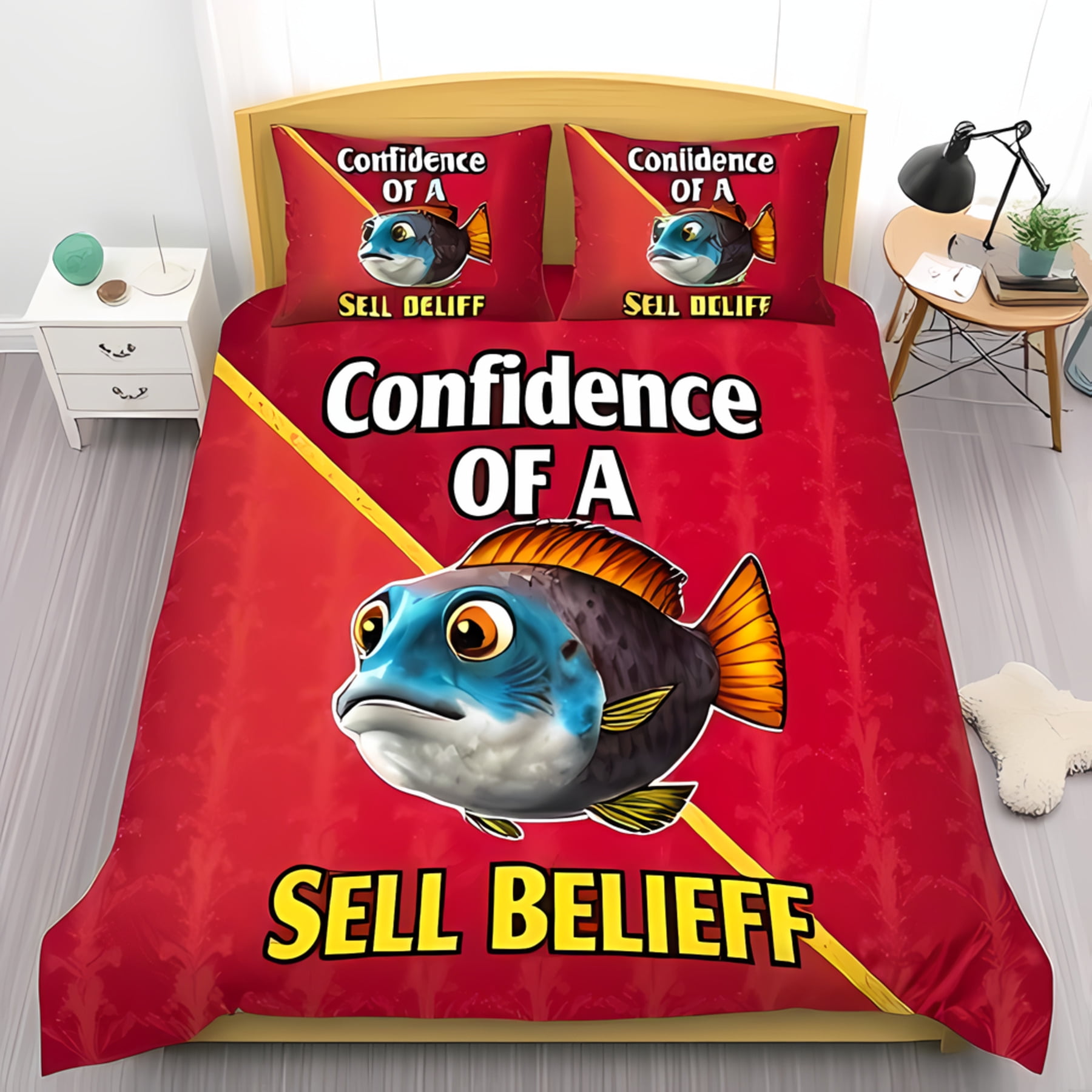 3-Piece Duvet Cover Set with Playful Cartoon Fish Design Bold Red ...
