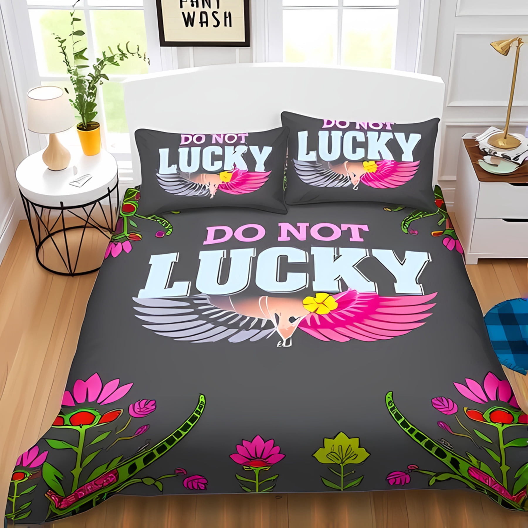 3-Piece Duvet Cover Set - Playful "DO NOT LUCKY" Design with Colorful ...