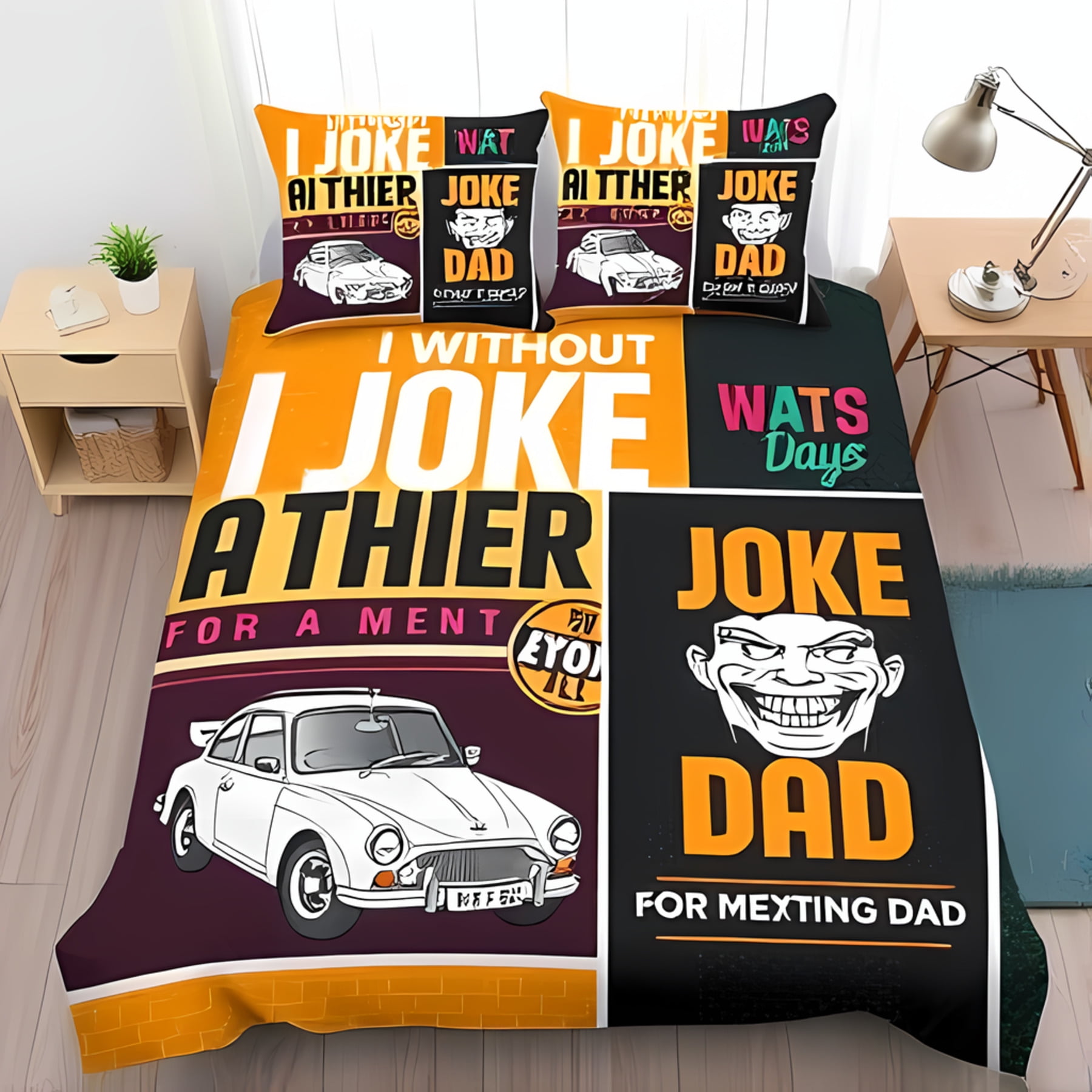 3-Piece Duvet Cover Set with Playful Designs Vintage Car Illustration ...
