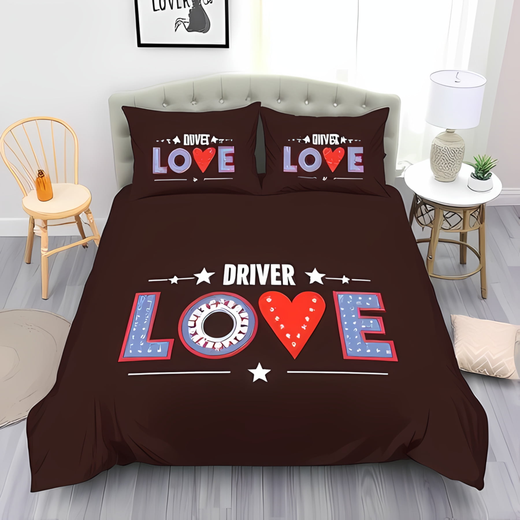 3-Piece Duvet Cover Set - Playful 'Driver Love' Design in Red & Blue on Dark Brown Includes ...
