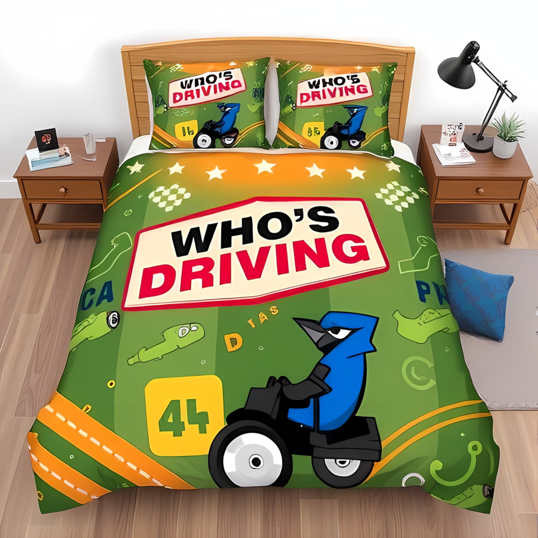 3-Piece Duvet Cover Set - Playful Go-Kart Design with Cartoon Blue ...