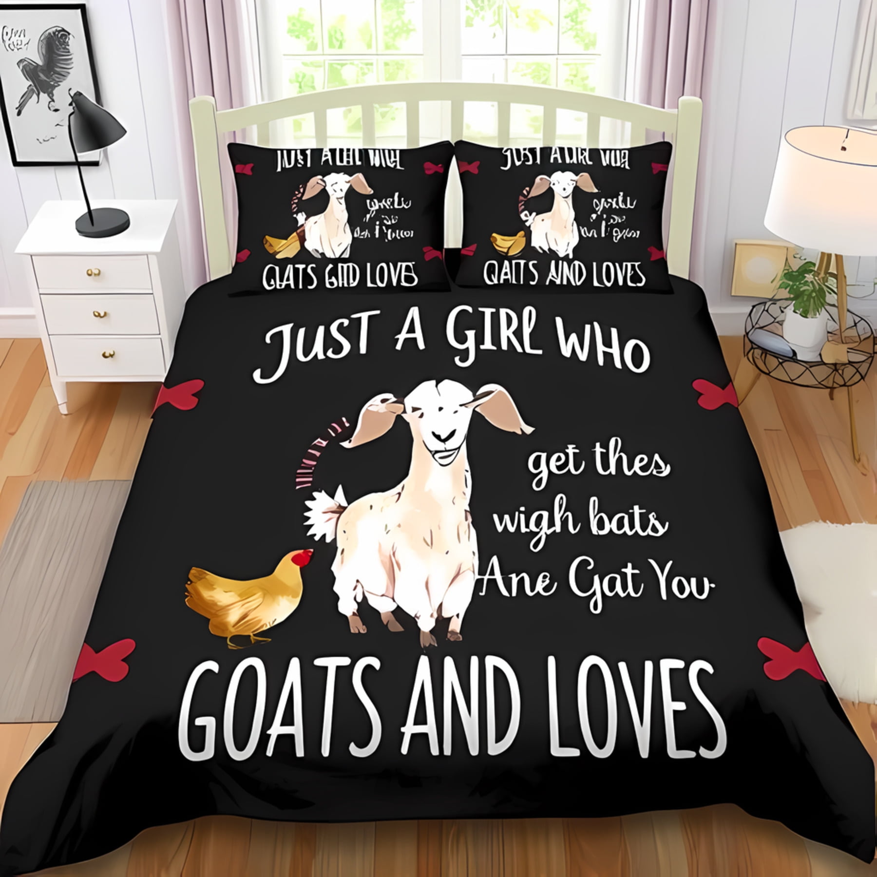 3-Piece Duvet Cover Set with Playful Goat and Chicken Design on Black ...