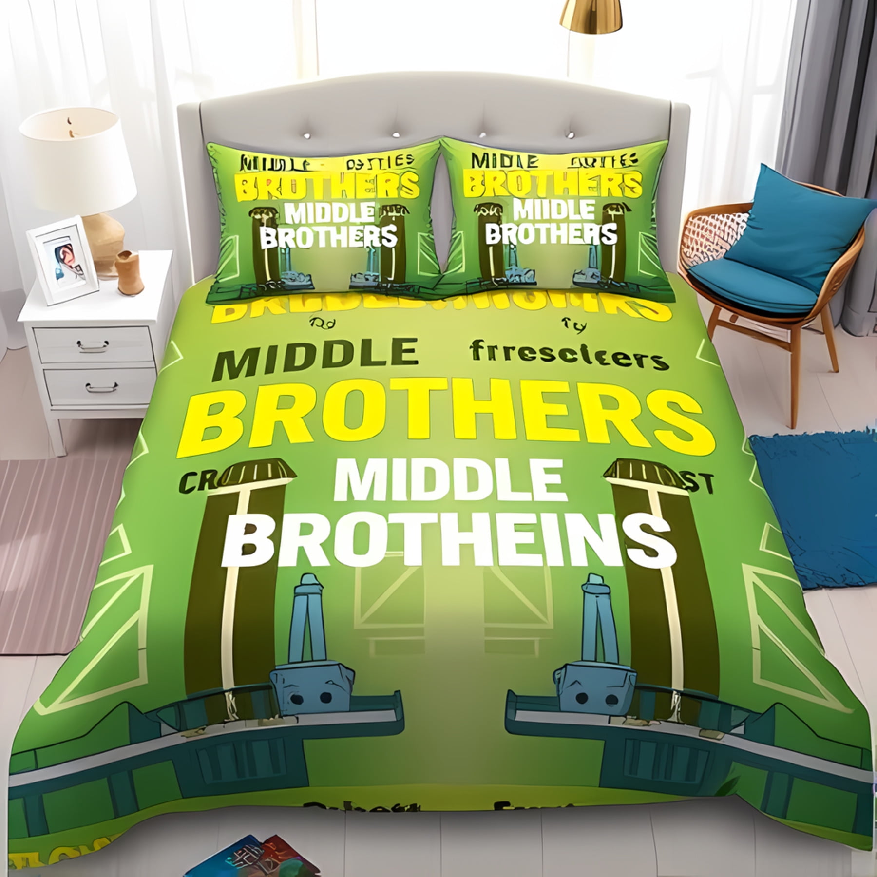 3-Piece Duvet Cover Set - Playful Green Bedding with 'Middle Brothers ...
