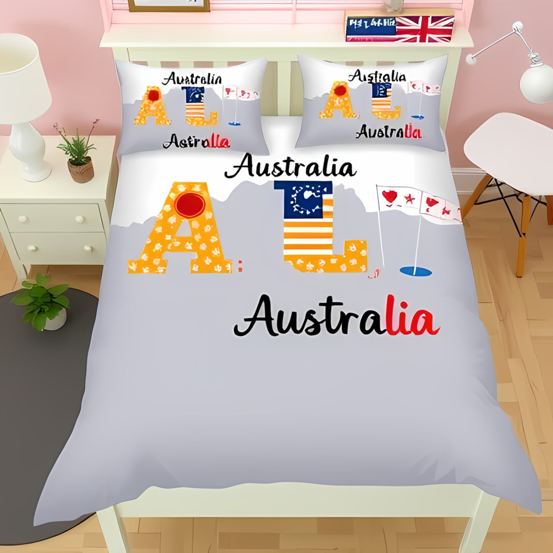 3-Piece Duvet Cover Set - Playful Grey Design with Large Yellow 'A' Red ...