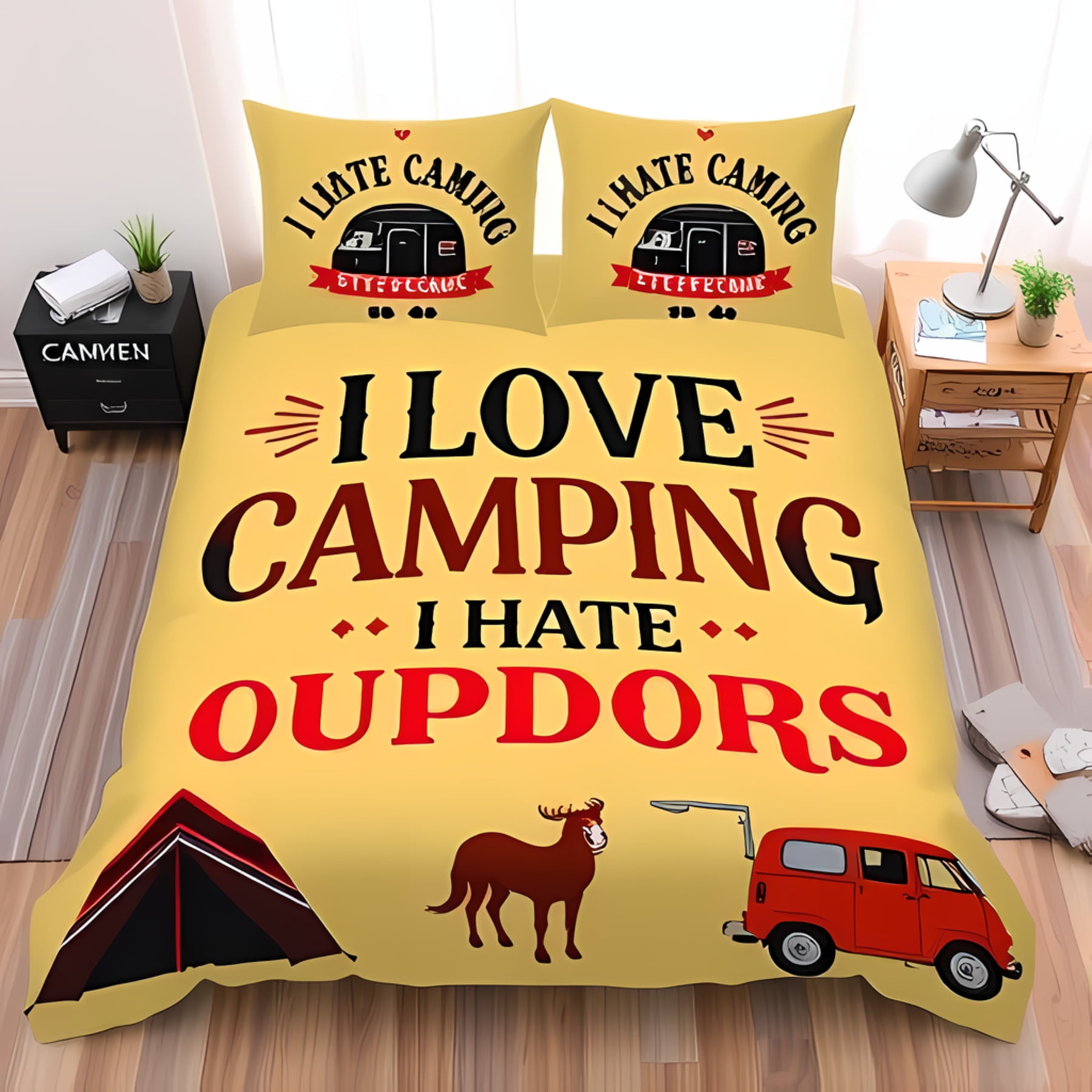 3-Piece Duvet Cover Set - Playful " I LOVE CAMPING " & " I HATE OUPDORS " Design with Retro Van ...