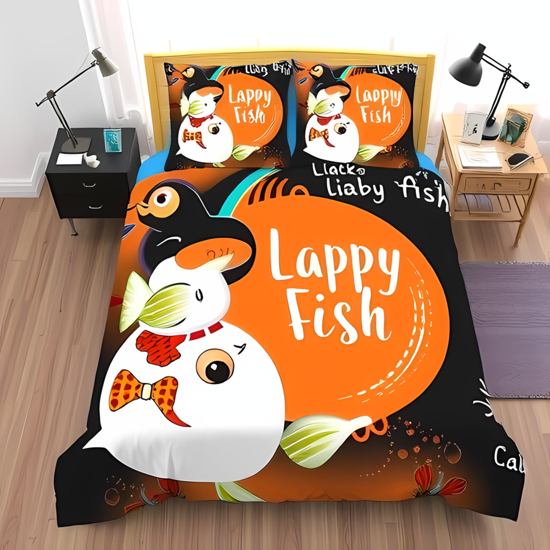 3-Piece Duvet Cover Set - Playful 'Lappy Fish' Design with Cartoon Fish in Hat & Bow Tie ...