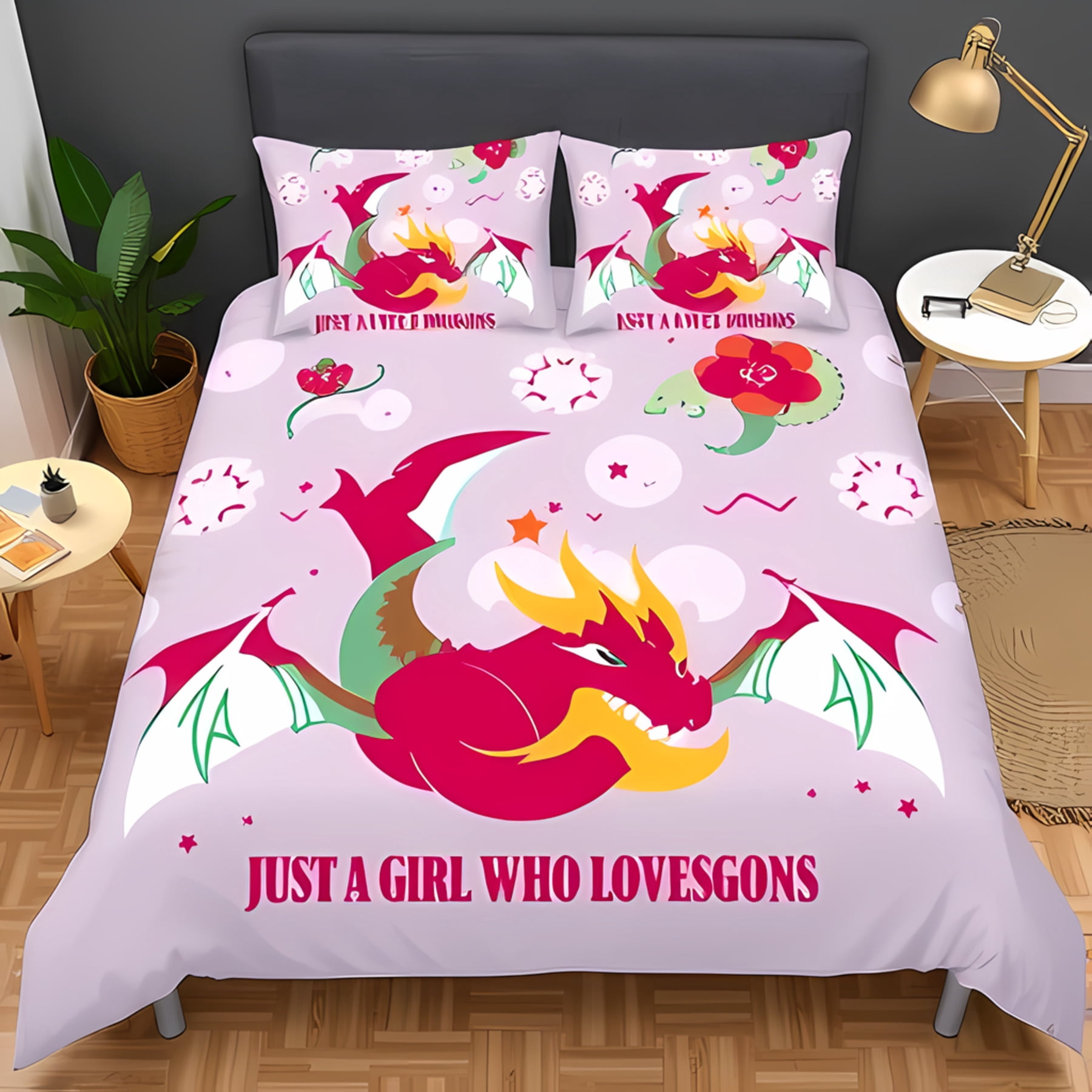 3-Piece Duvet Cover Set - Playful Pink & Purple Dragon Design with ...