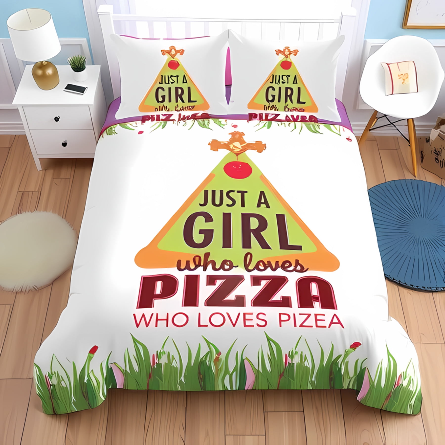 3-Piece Duvet Cover Set - Playful Pizza Design with 'Just a Girl Who ...
