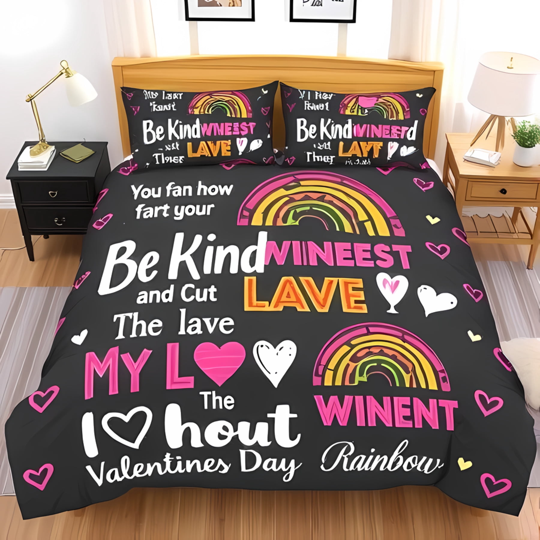 3-Piece Duvet Cover Set - Playful Rainbows & Hearts Design Text Perfect ...