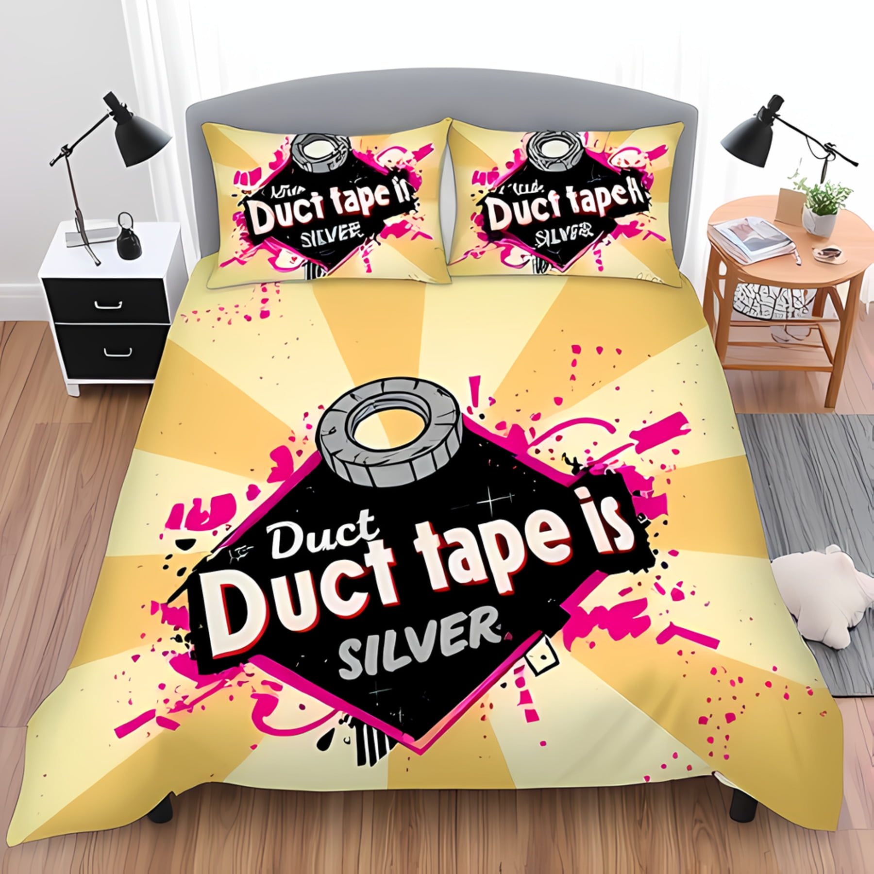 3-Piece Duvet Cover Set with Playful Silver Duct Tape Wheel Design ...
