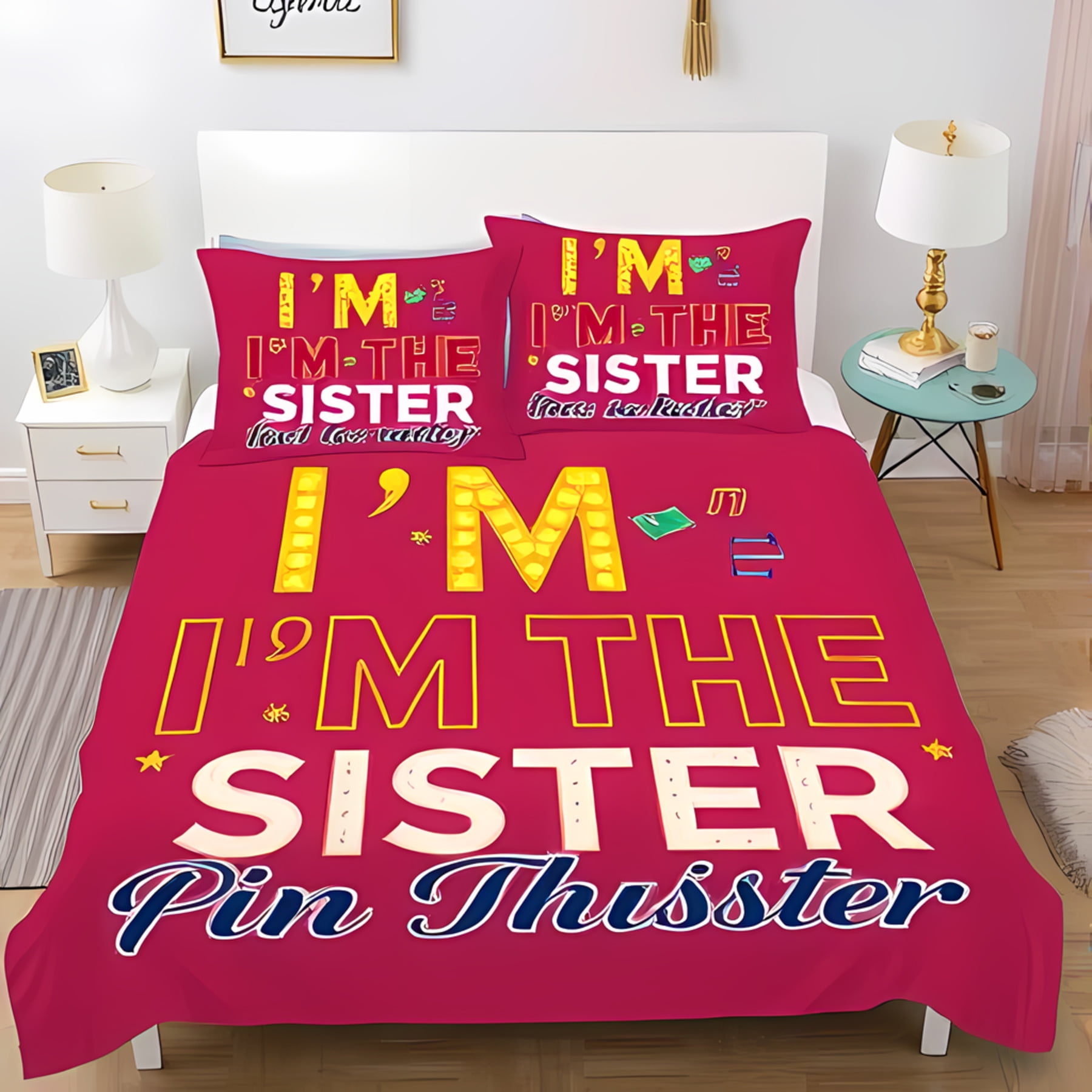 3-Piece Duvet Cover Set - Playful " I'm the Sister Pin-Thister " Design ...
