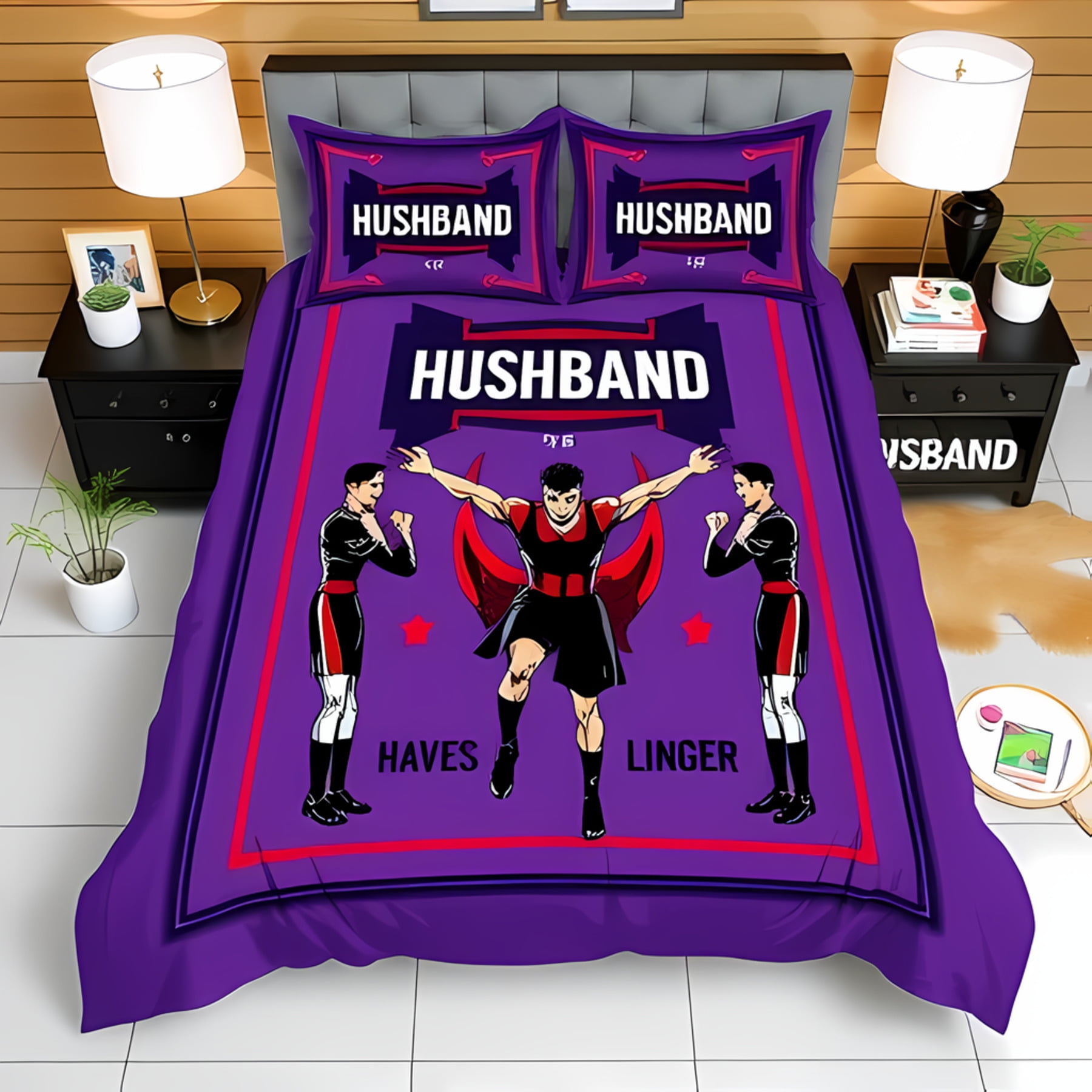 3-Piece Duvet Cover Set - Purple Comic Strip Design with 'HUSHBAND ...
