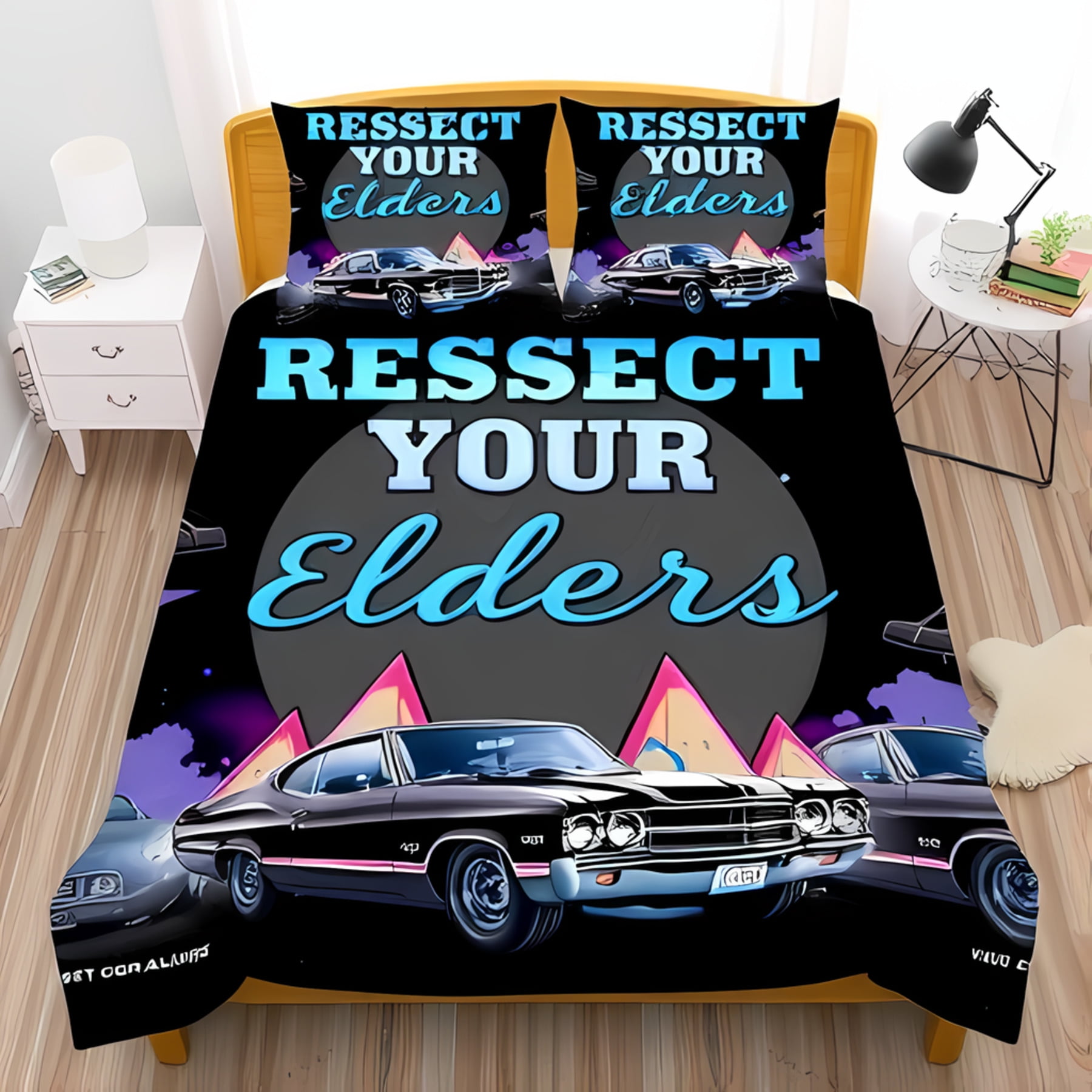 3-Piece Duvet Cover Set - "Ressect Your Elders" with Retro Muscle Cars ...